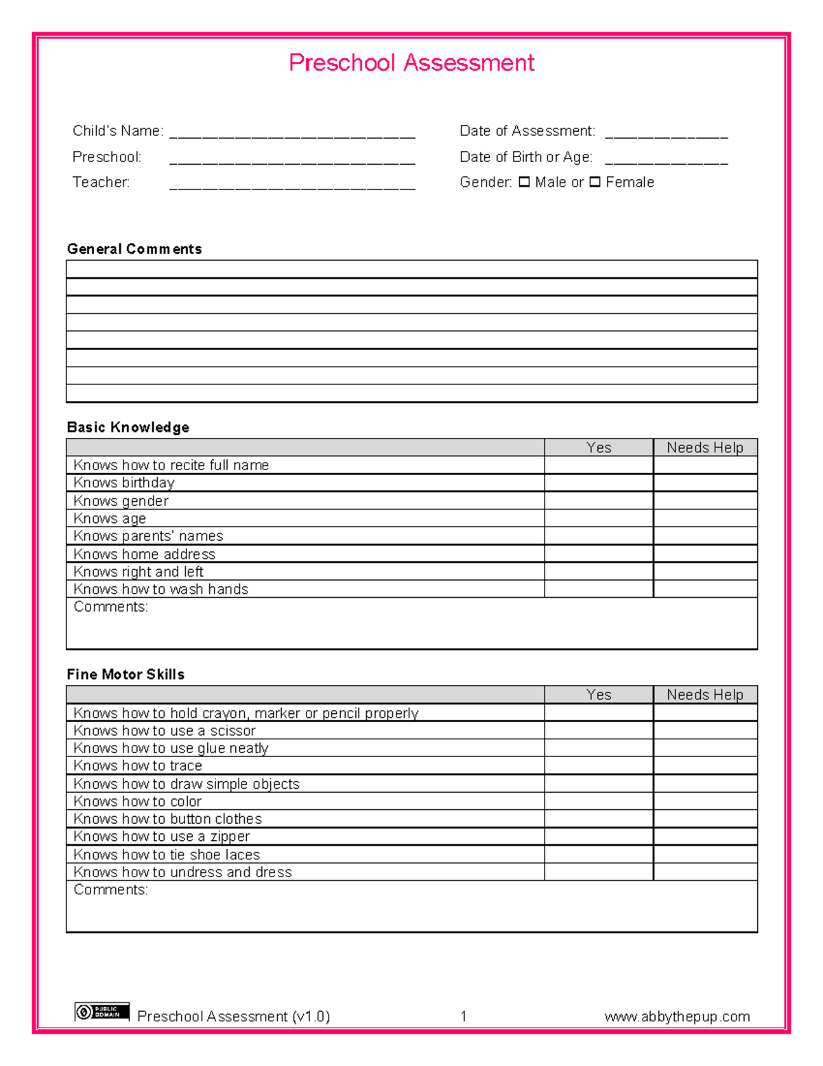 Preschool Assessment Form - Comprehensive Skills Evaluation - Studocu