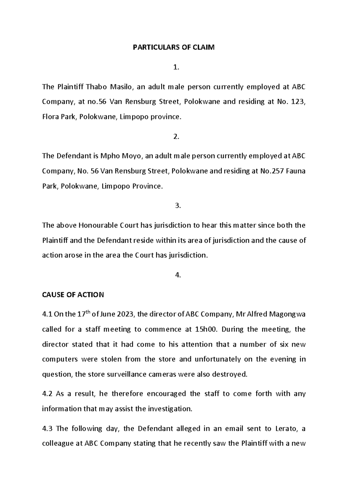 Combined Summons: Thabo Masilo vs. Mpho Moyo - Defamation Claim - Studocu