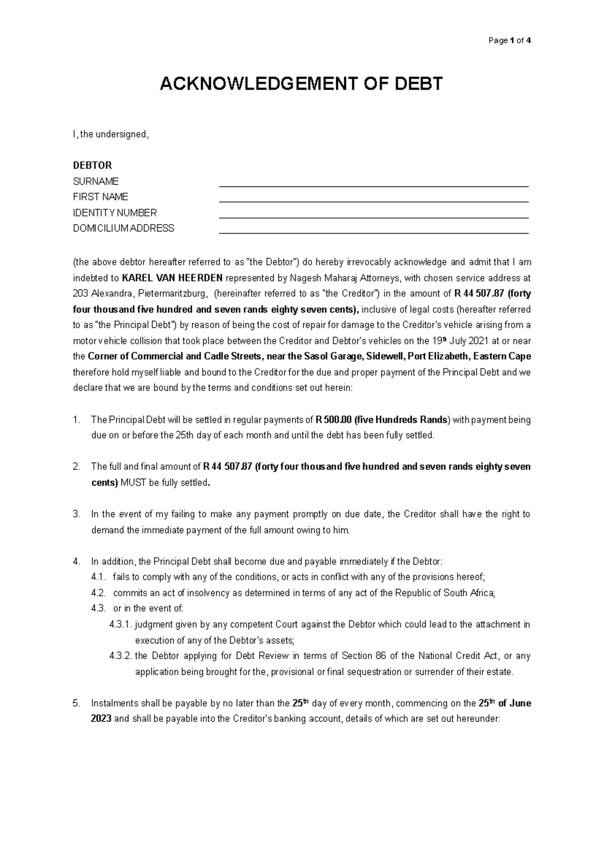 Acknowledgement of Debt Agreement - DEBT 2023 Document - Studocu