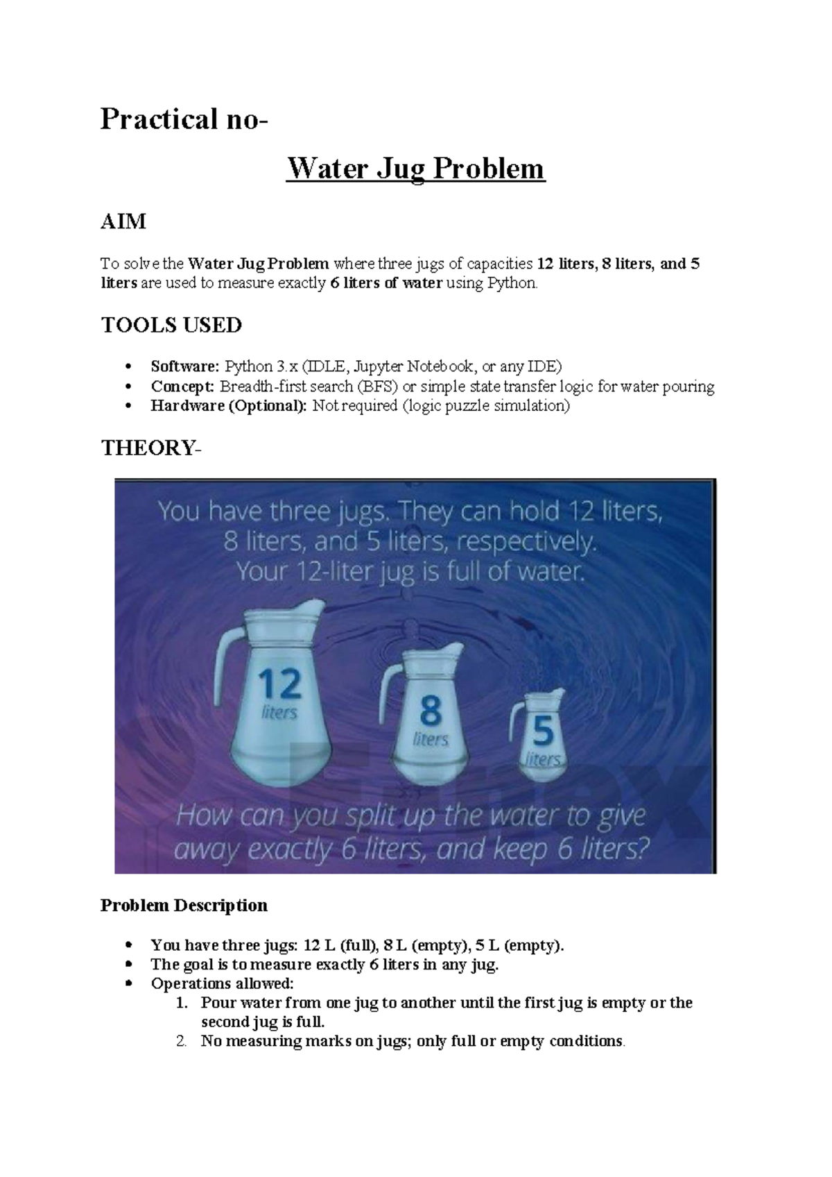 Practical Water Jug Problem Solution (CS101) - Studocu