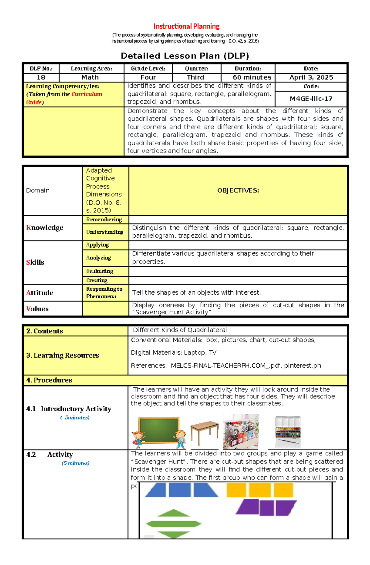 DLP MATH 18: Detailed Lesson Plan on Quadrilaterals - Studocu