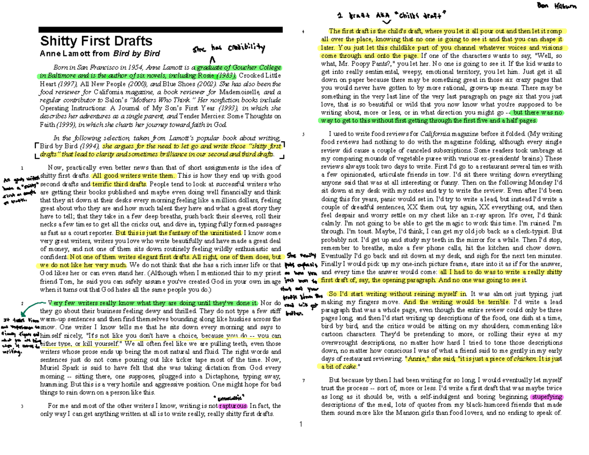 Annotated “Shitty First Drafts” - Shitty First Drafts Anne Lamott from ...