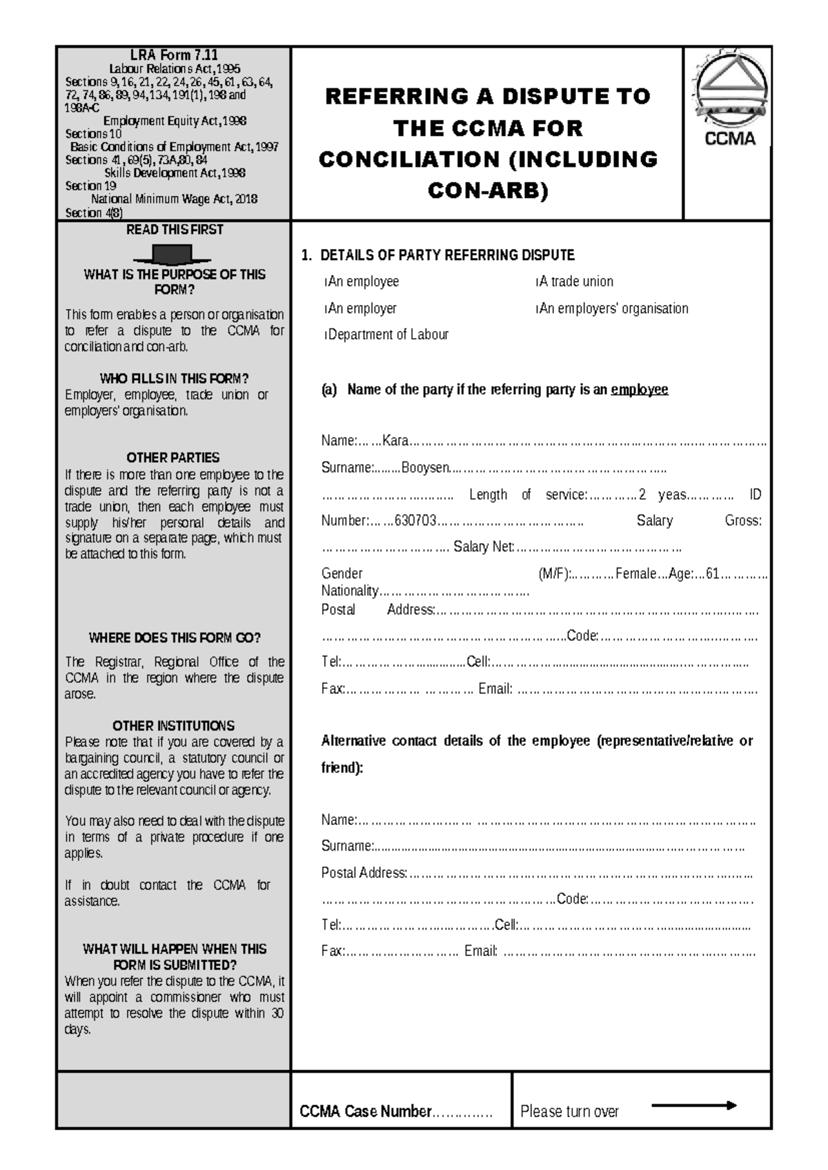 LRA Form 7.11: Guide to Referring a Dispute to the CCMA for ...