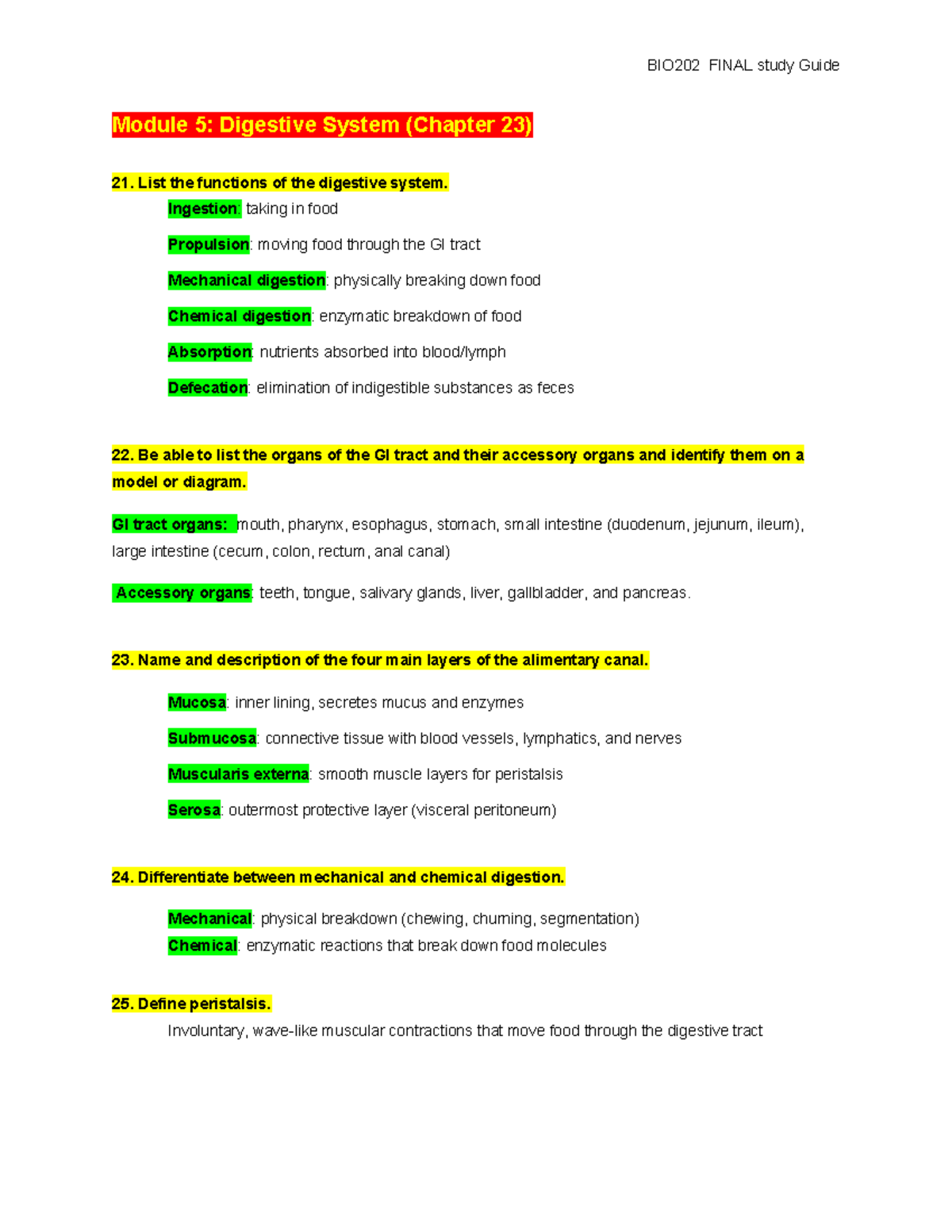BIO202 FINAL Study Guide: Digestive System Overview (Module 5) - Studocu