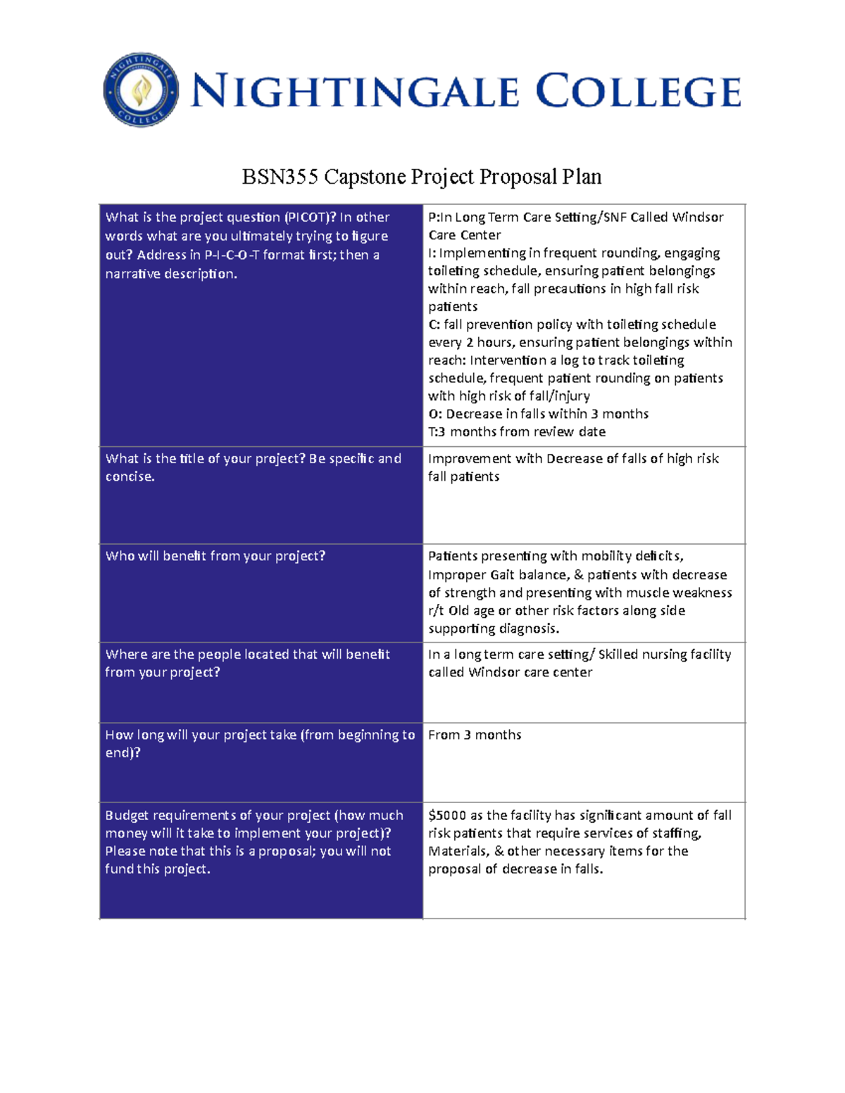 BSN355 Capstone Project Proposal: Fall Prevention in LTC - Studocu