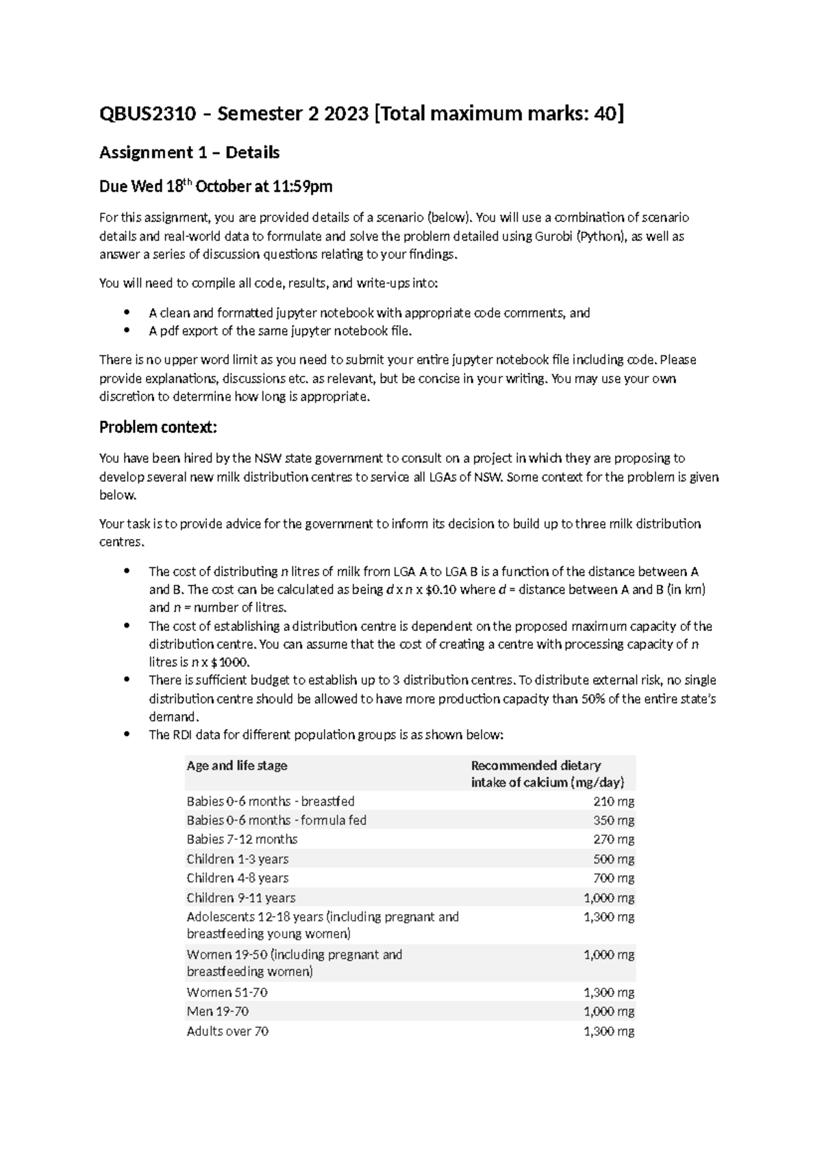 Assignment 1 2310 2023 S2 v3 Updated 20231009 - QBUS2310 – Semester 2 2023 [Total maximum marks ...
