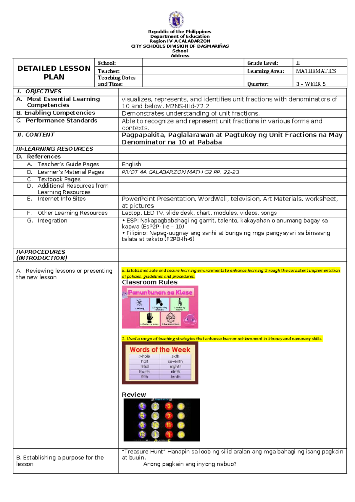Detailed Lesson Plan in Math 2: Unit Fractions (G2) - Studocu