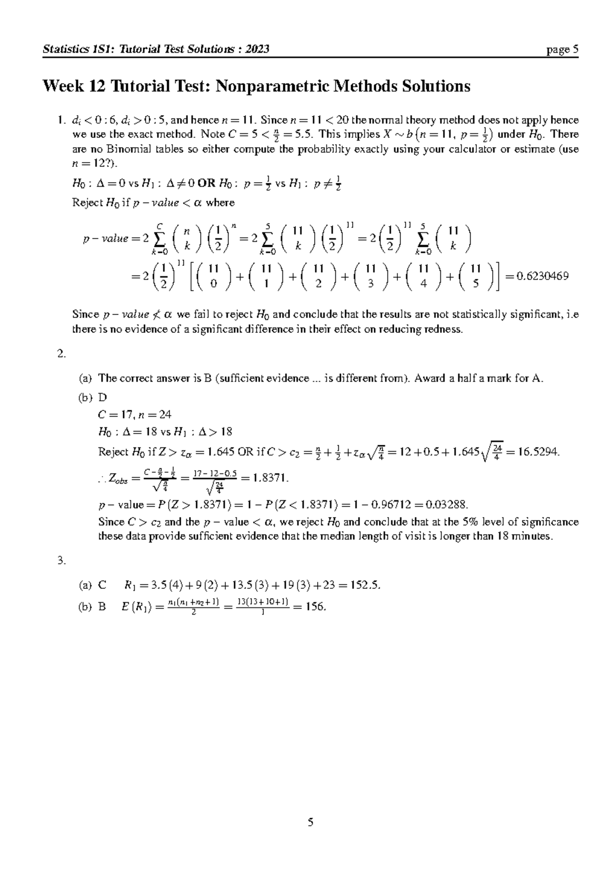 Tutorial Test Solutions for Statistics 1S1: Week 12 Nonparametric ...