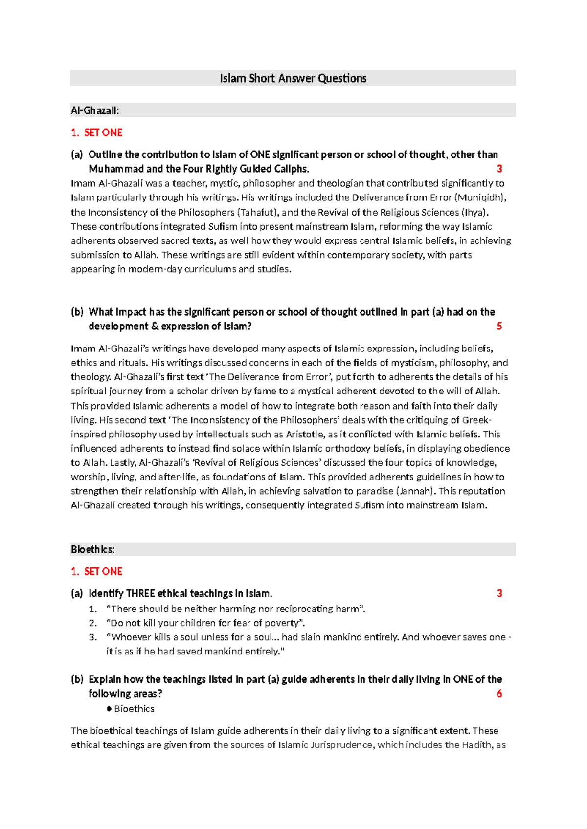 Islam Short Answer Questions 1: Key Contributions & Practices - Studocu