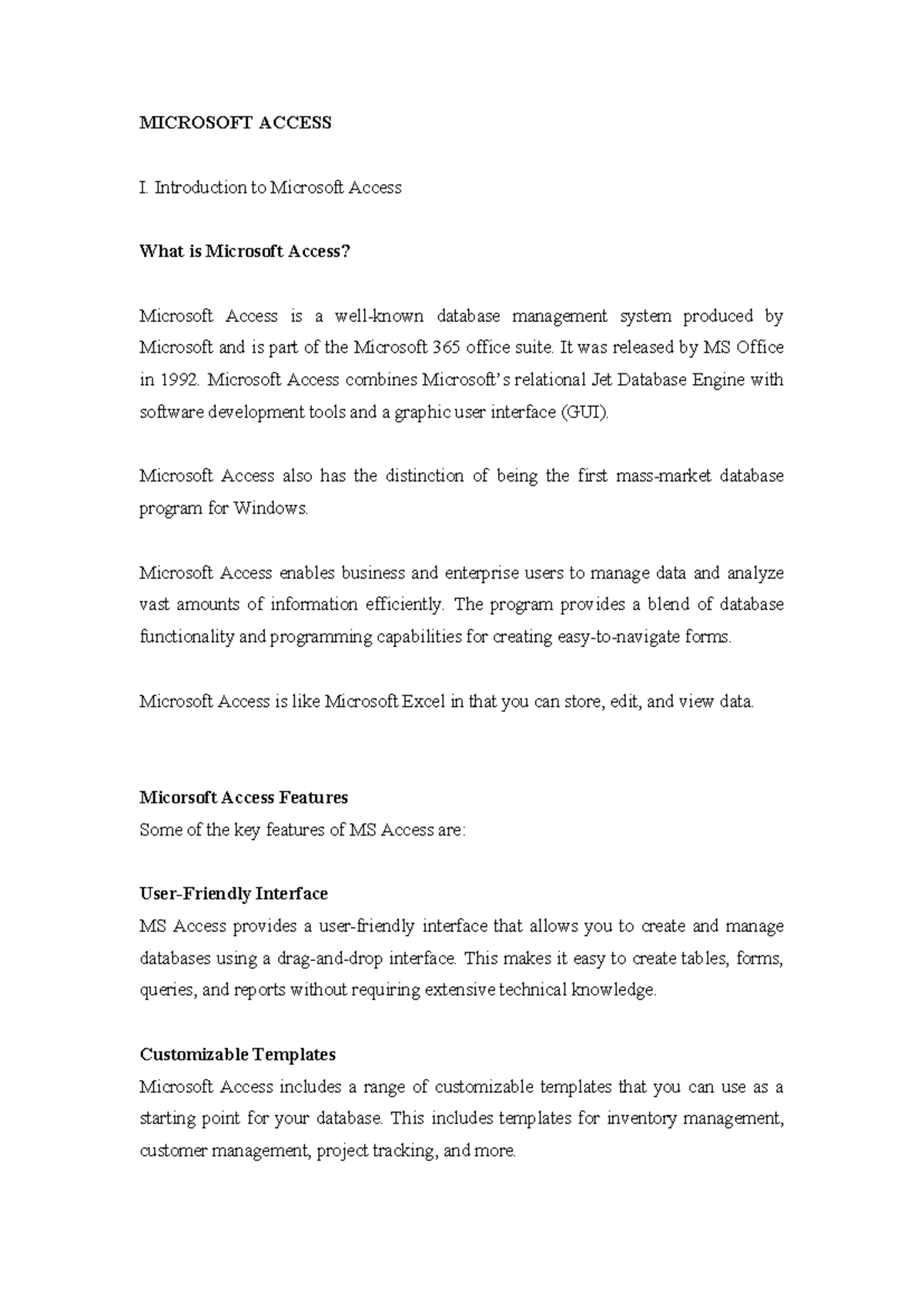 MICROSOFT ACCESS I: Intro to Database Management & Features - Studocu
