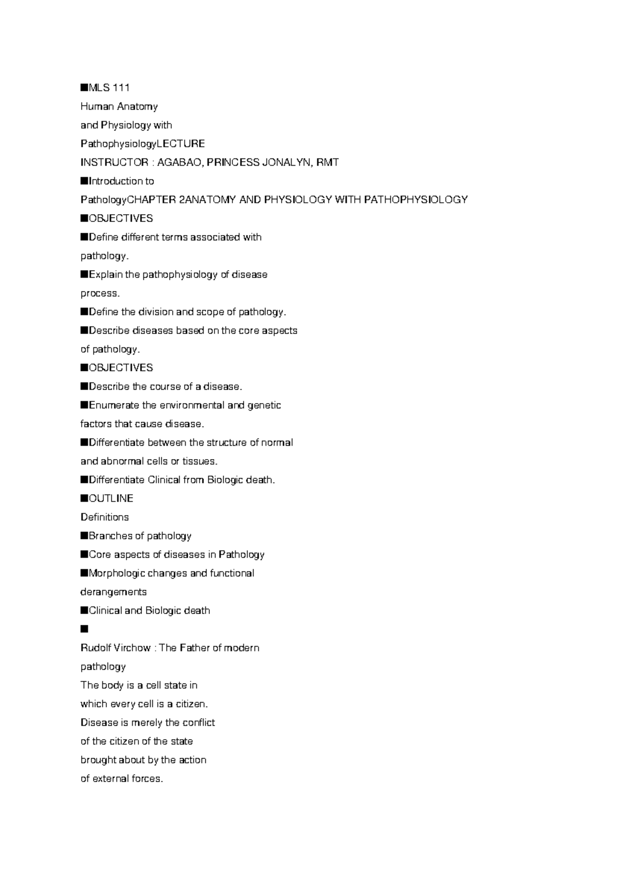 MLS111 Intro to Pathology: Lecture Notes on Anatomy & Physiology - Studocu