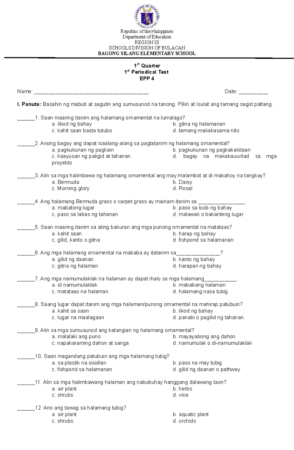 1st PT EPP4 - Summative Test on Ornamental Planting Techniques - Studocu