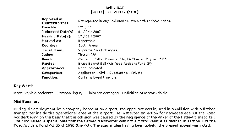 Bell v RAF [2007] JOL 20027 (SCA) - Motor Vehicle Definition Appeal ...