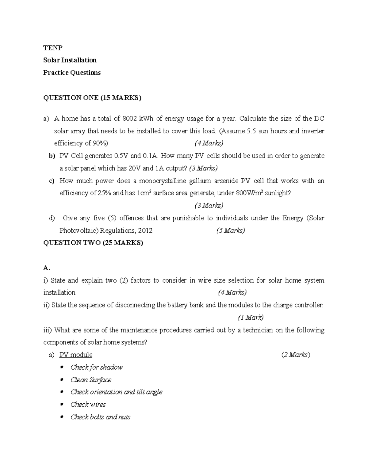 Practice Questions for Solar Installations (TENP) - Studocu