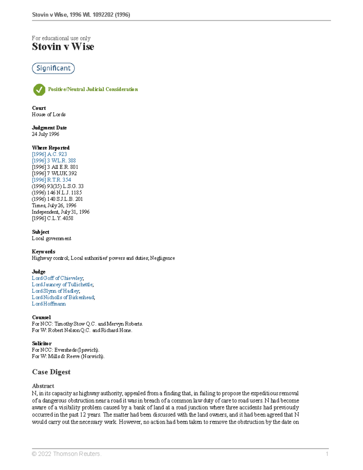 Stovin v Wise Case Analysis - House of Lords, 1996 WL 1092202 - Studocu