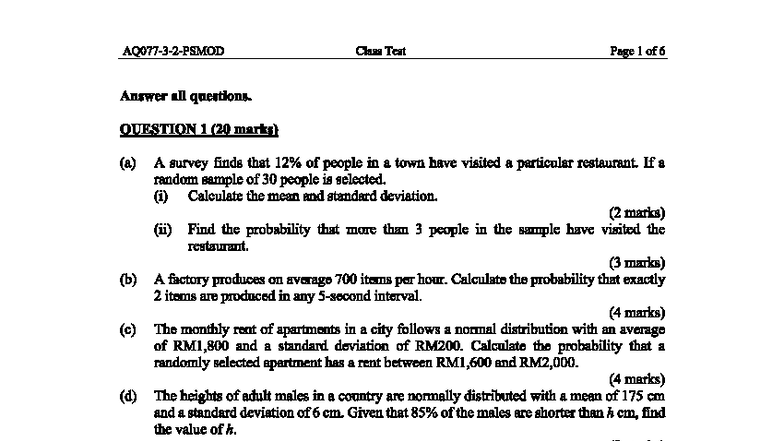 Level 2 APU 2024 Class Test: Probability & Statistics Concepts - Studocu
