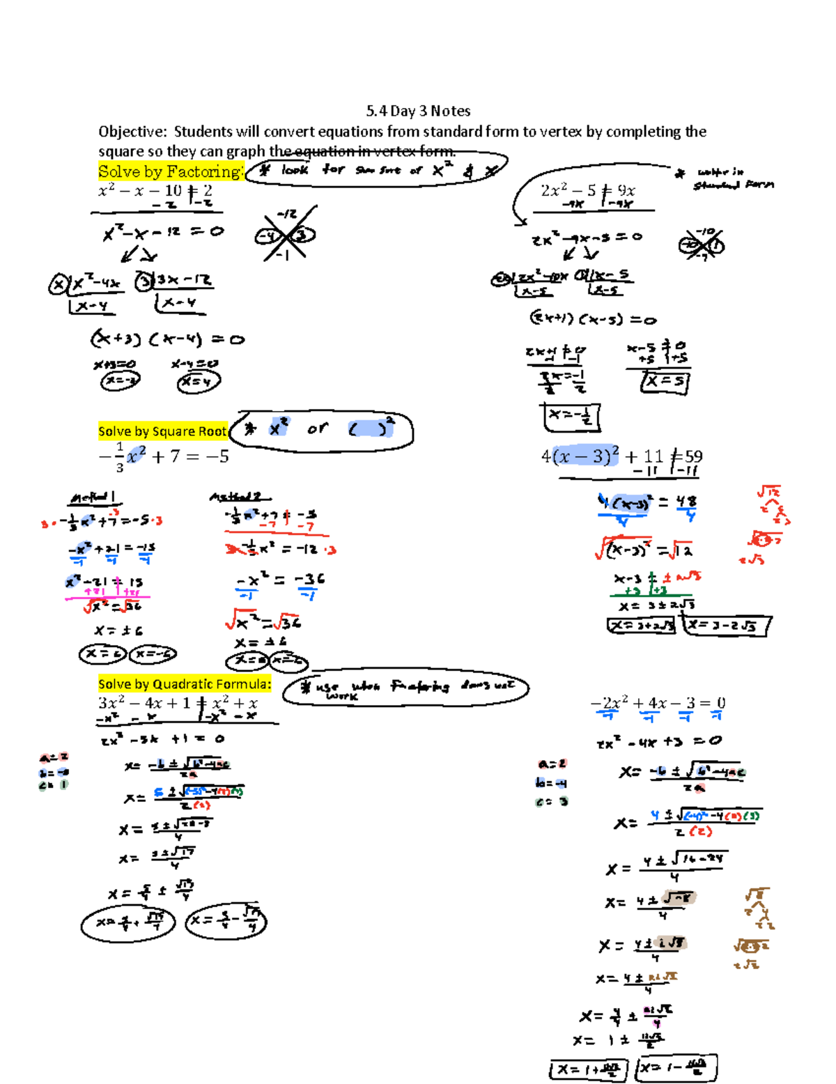 5.4 Day 3 Notes: Converting Equations to Vertex Form - Studocu