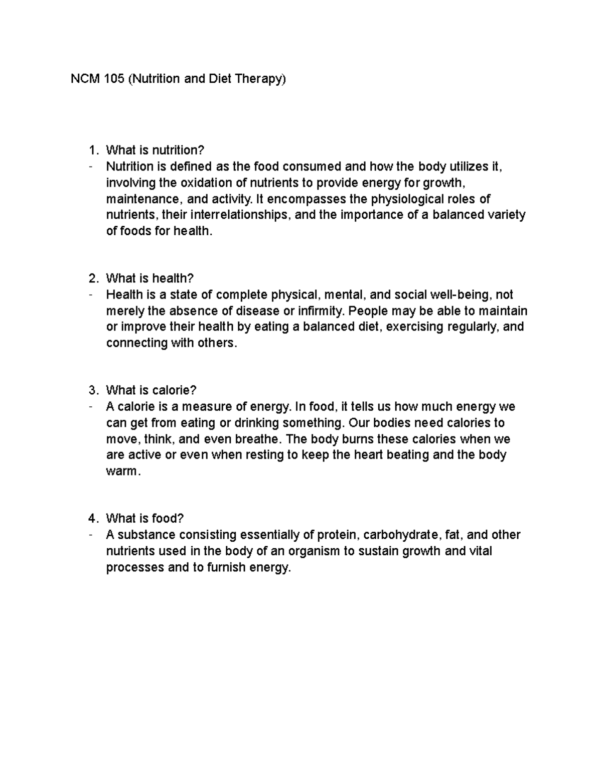 NCM 105: Key Concepts in Nutrition and Diet Therapy - Studocu