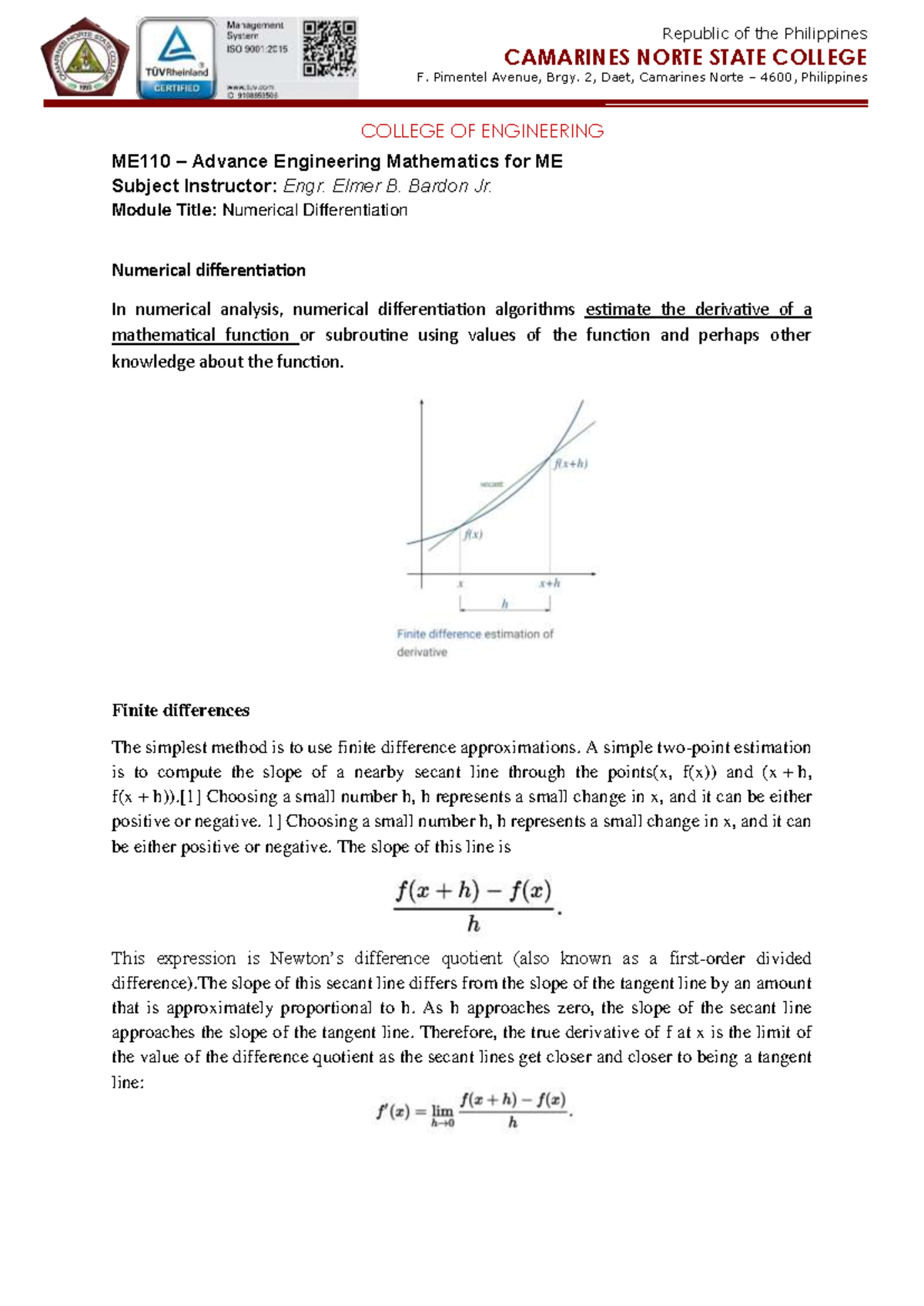 Numerical-Differentiation - COLLEGE OF ENGINEERING CAMARINES NORTE ...