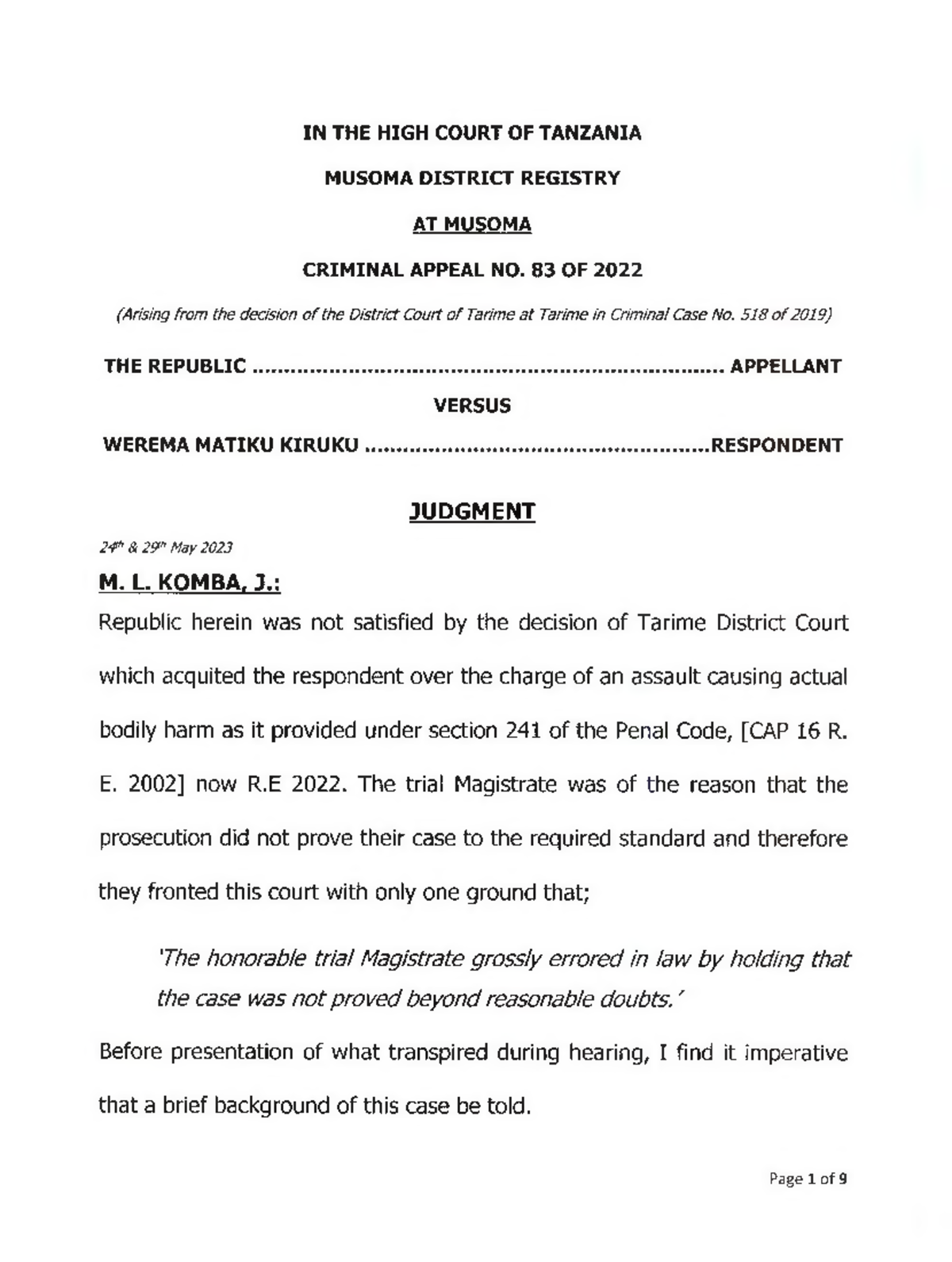 The Republic vs Werema Matiku Kiruku (Criminal Appeal No 83 of 2022 ...