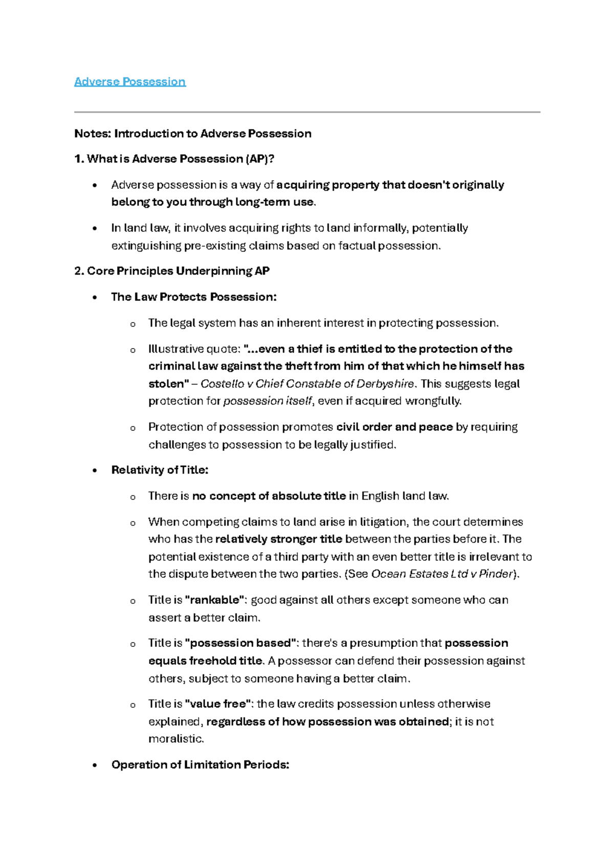 Adverse Possession (AP) Notes: Key Concepts and Legal Changes - Studocu