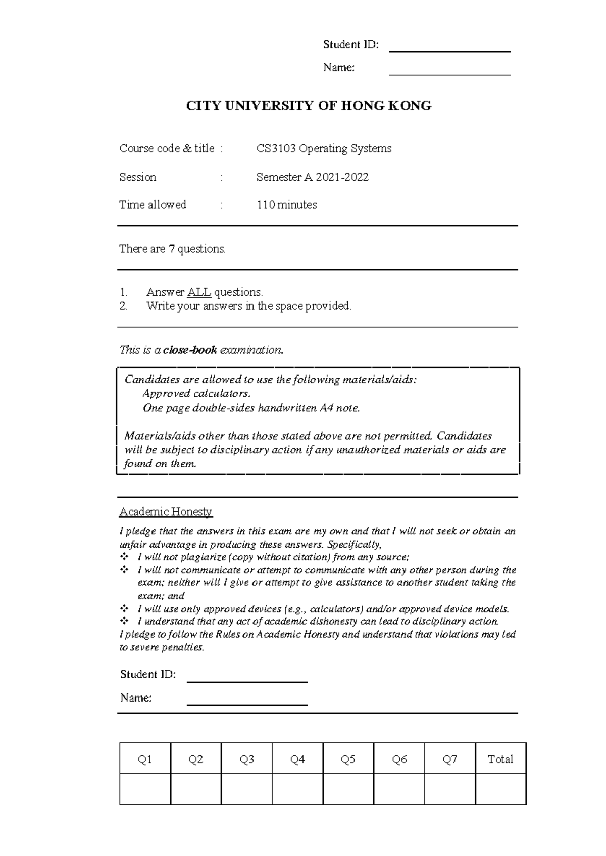 CS3103 2122A midterm online solution - Student ID: Name: CITY UNIVERSITY OF HONG KONG Course ...