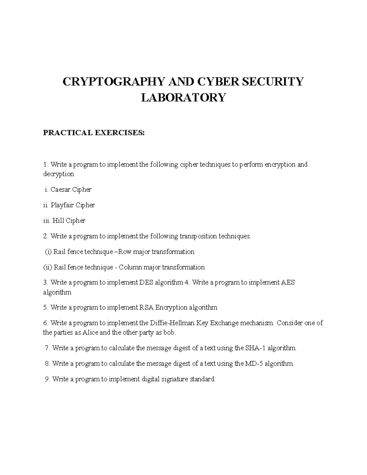 CCS 301 Lab Manual: Practical Exercises on Cryptography Techniques ...