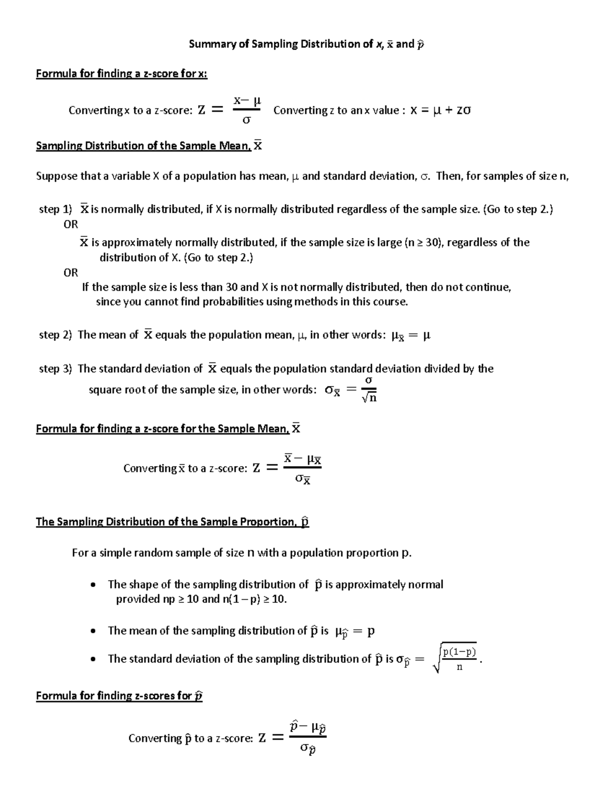 Formula Sheet for Test 3: Sampling Distributions & Hypothesis Testing ...