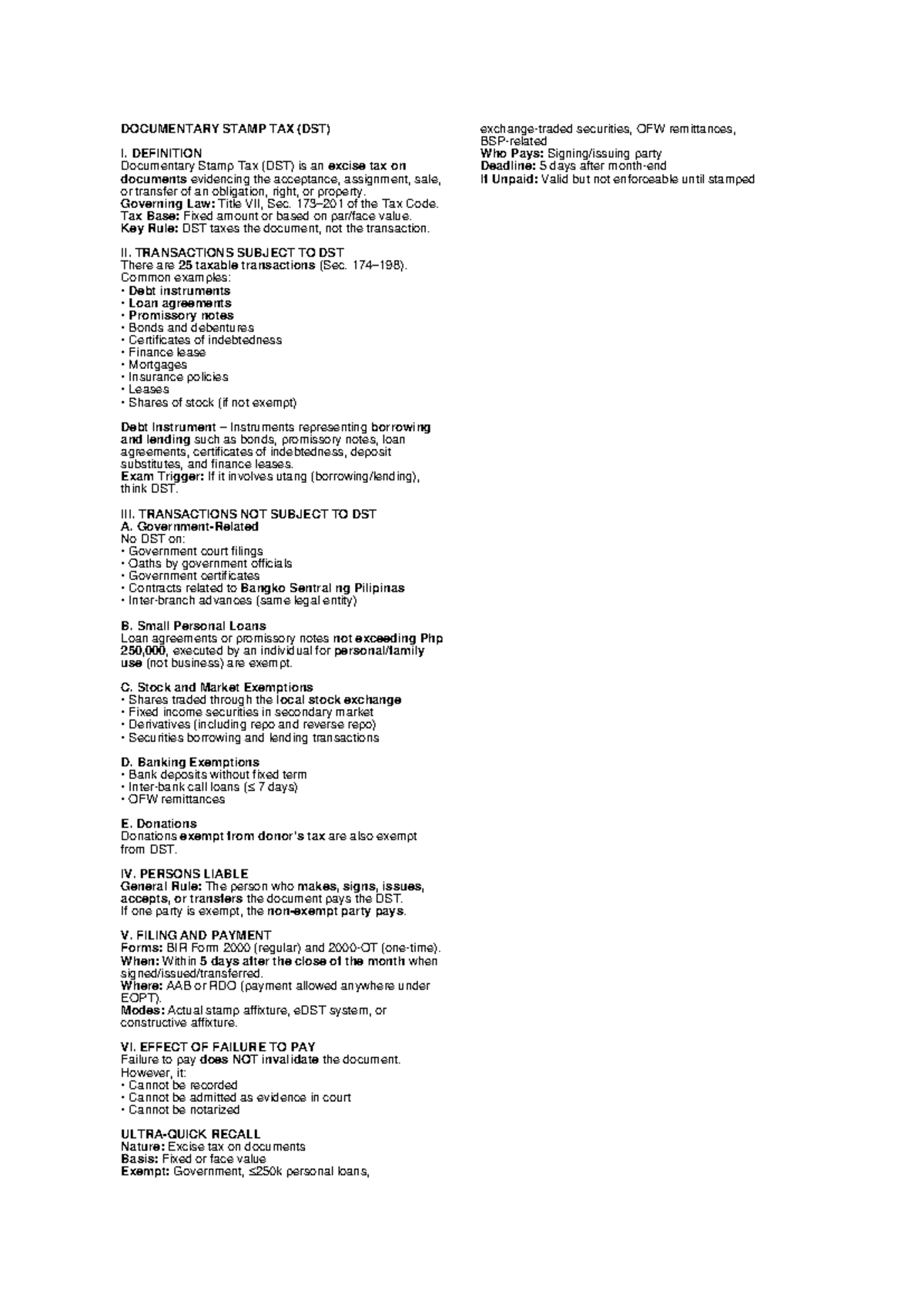 DOCUMENTARY STAMP TAX (DST) Quick Notes & Key Rules - Studocu