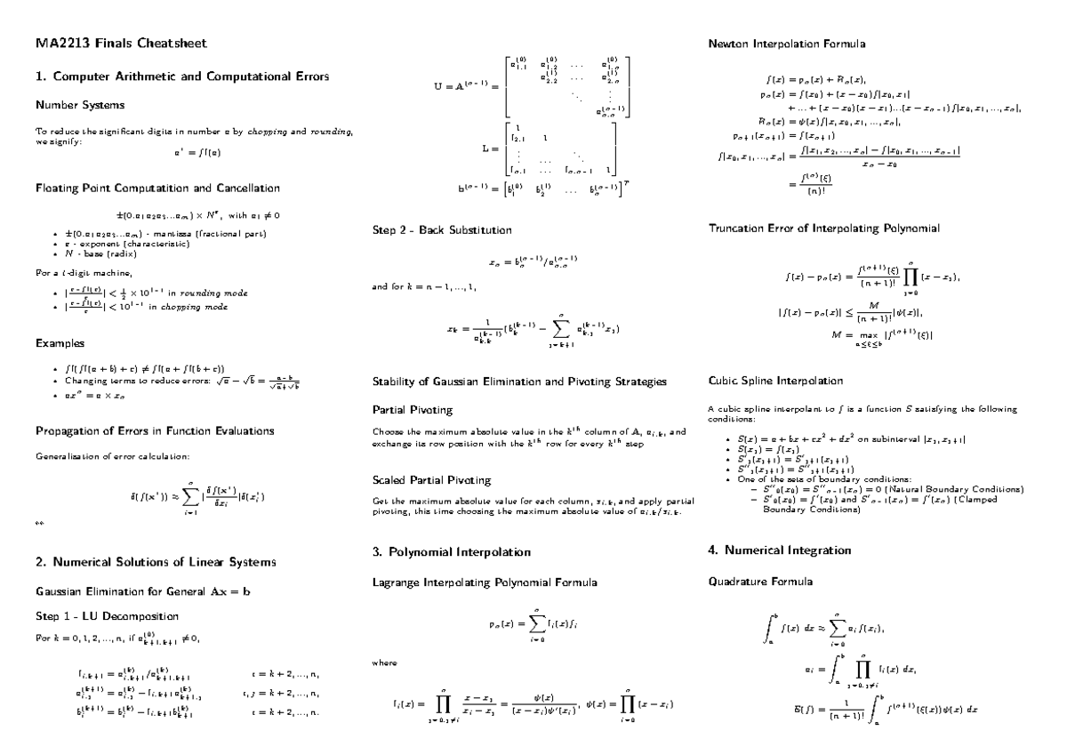 Cheat Sheet Summary Numerical Analysis I Ma2213 Finals Cheatsheet Newton Interpolation