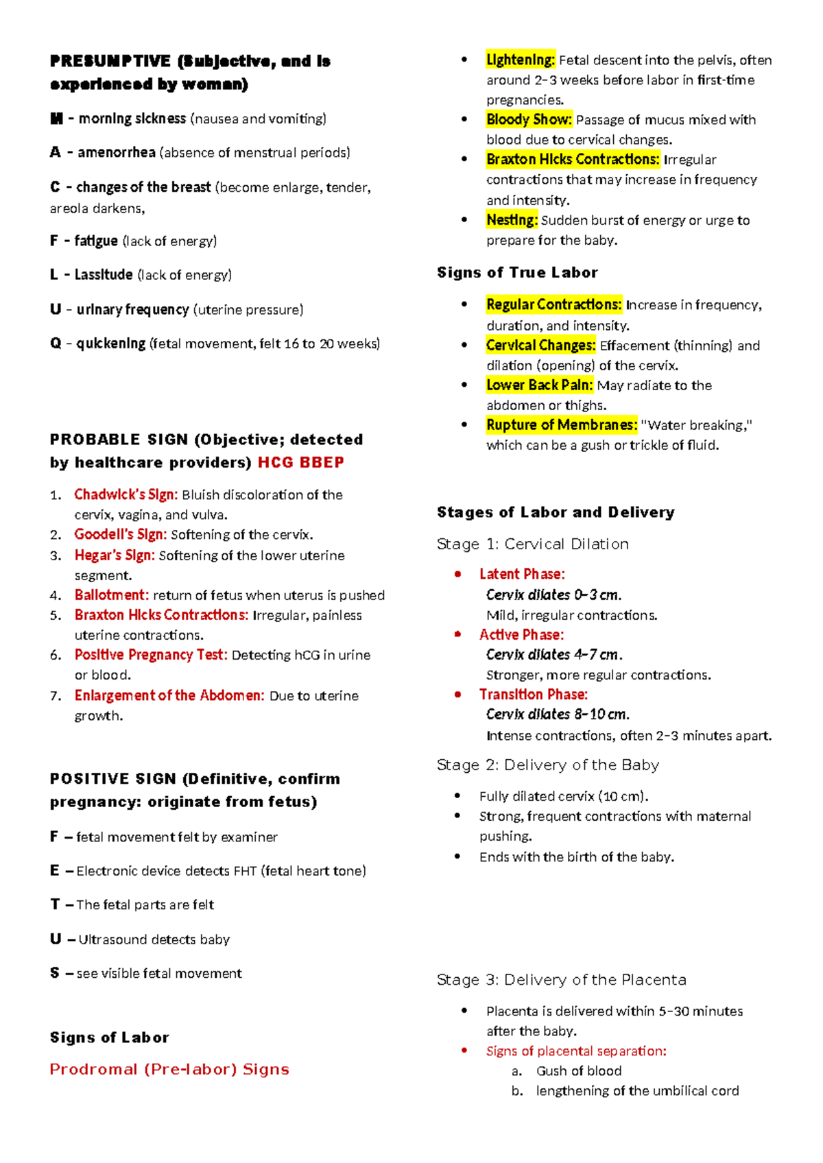 OB-WARD- Notes: Understanding Signs of Pregnancy and Labor Stages - Studocu