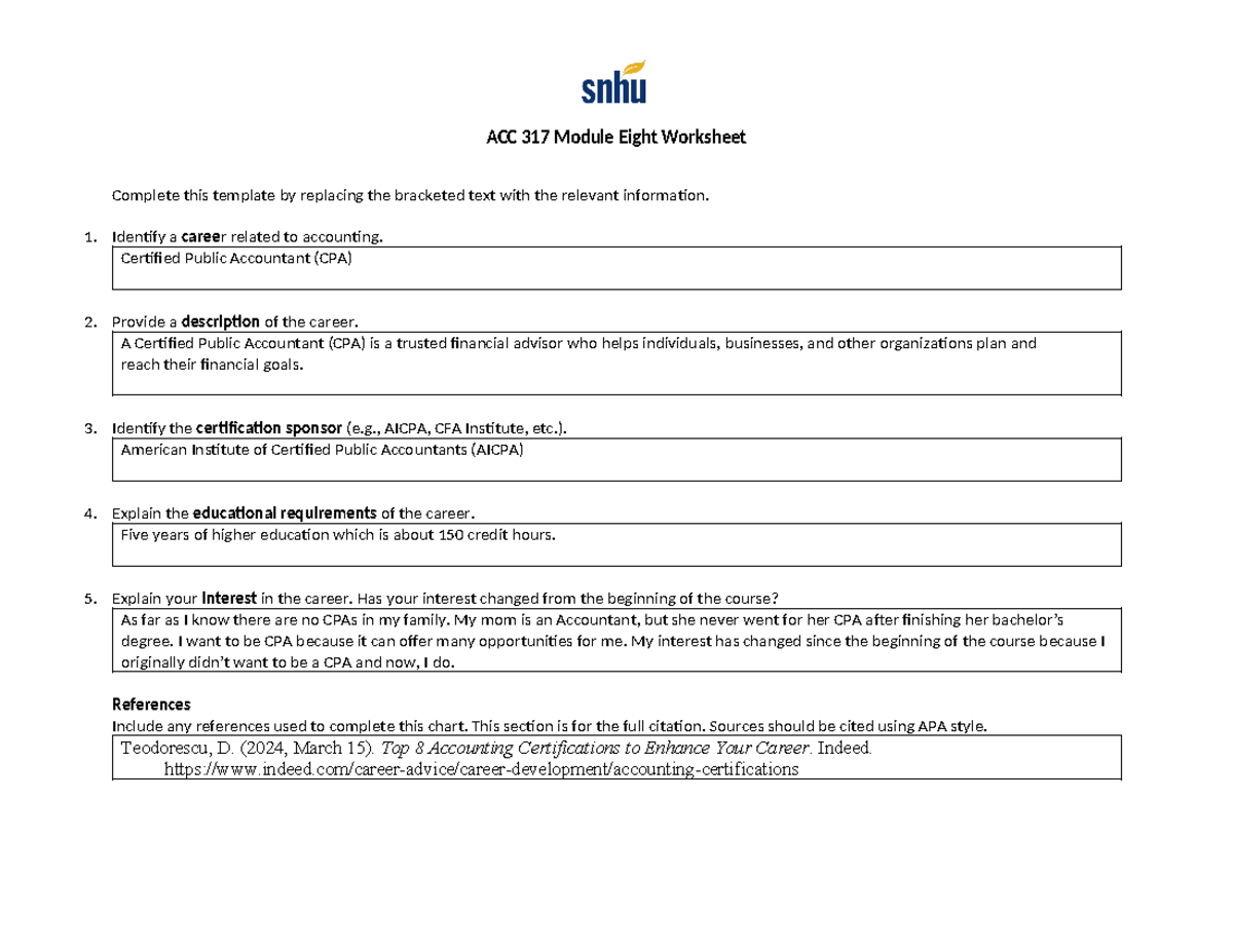 ACC317 Module 8 Career Exploration Worksheet: CPA Insights - Studocu