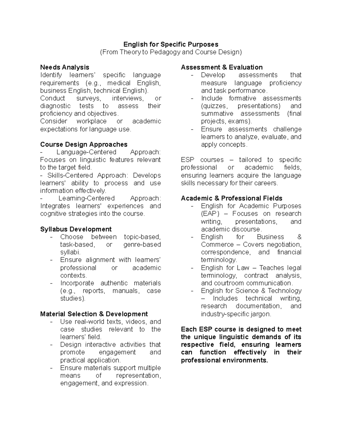 ESP- Summary: Needs Analysis and Course Design for Specific Purposes ...