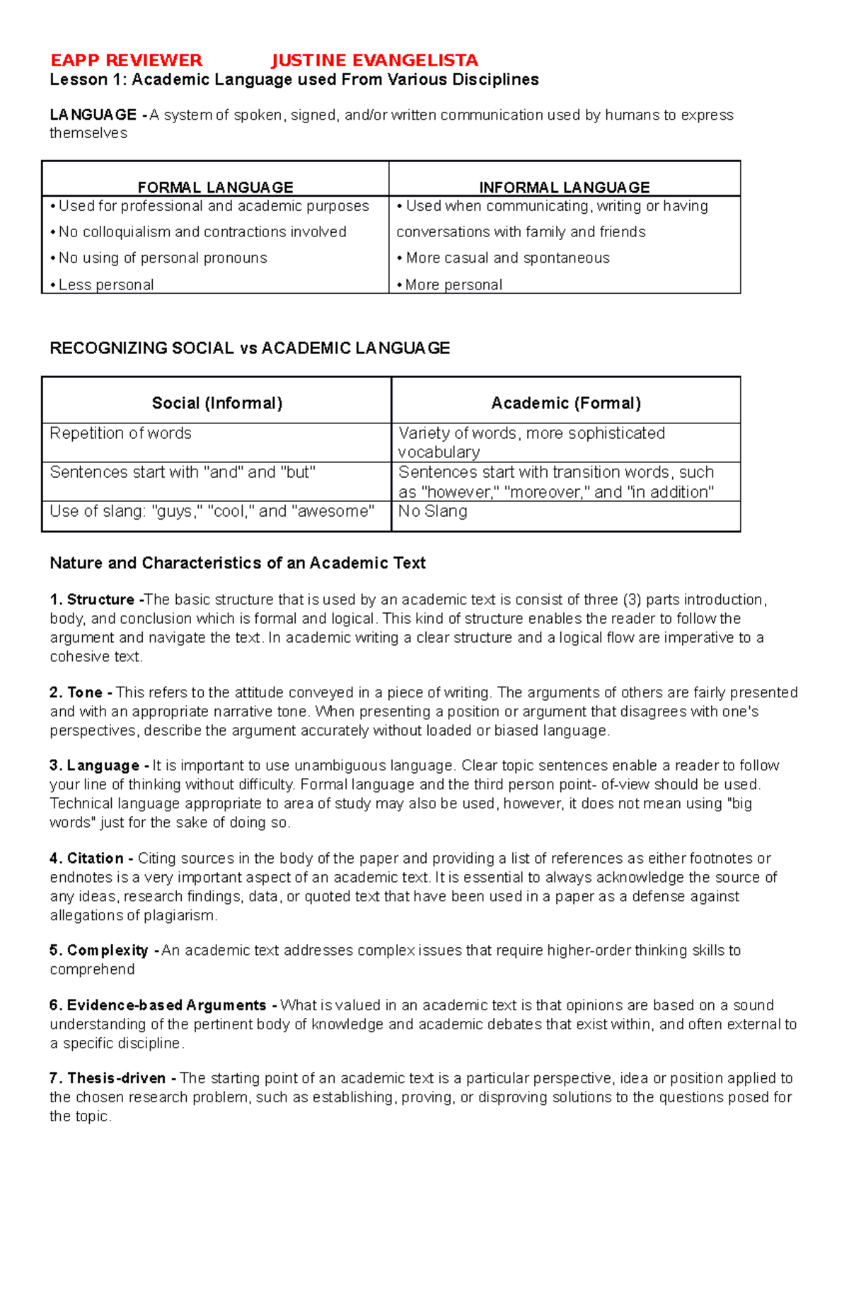EAPP Lesson 1: Understanding Academic Language and Text Features - Studocu