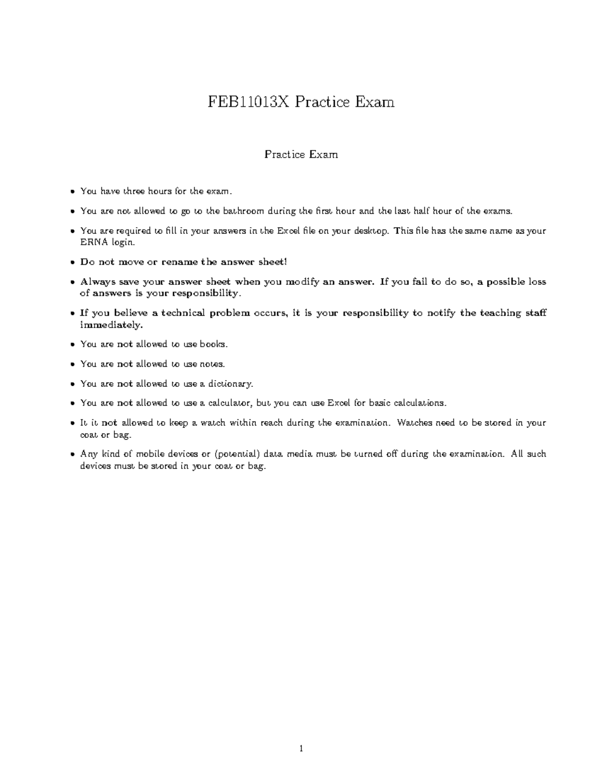 FEB11013X ICT Practice Exam - Excel Multiple Choice Questions - Studeersnel