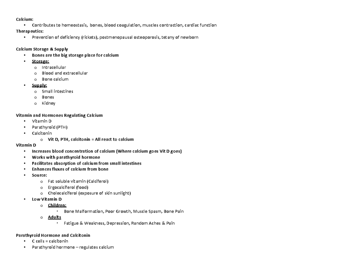 Endocrine - Pharm - Lecture notes 1-10 - Calcium: - Contributes to ...