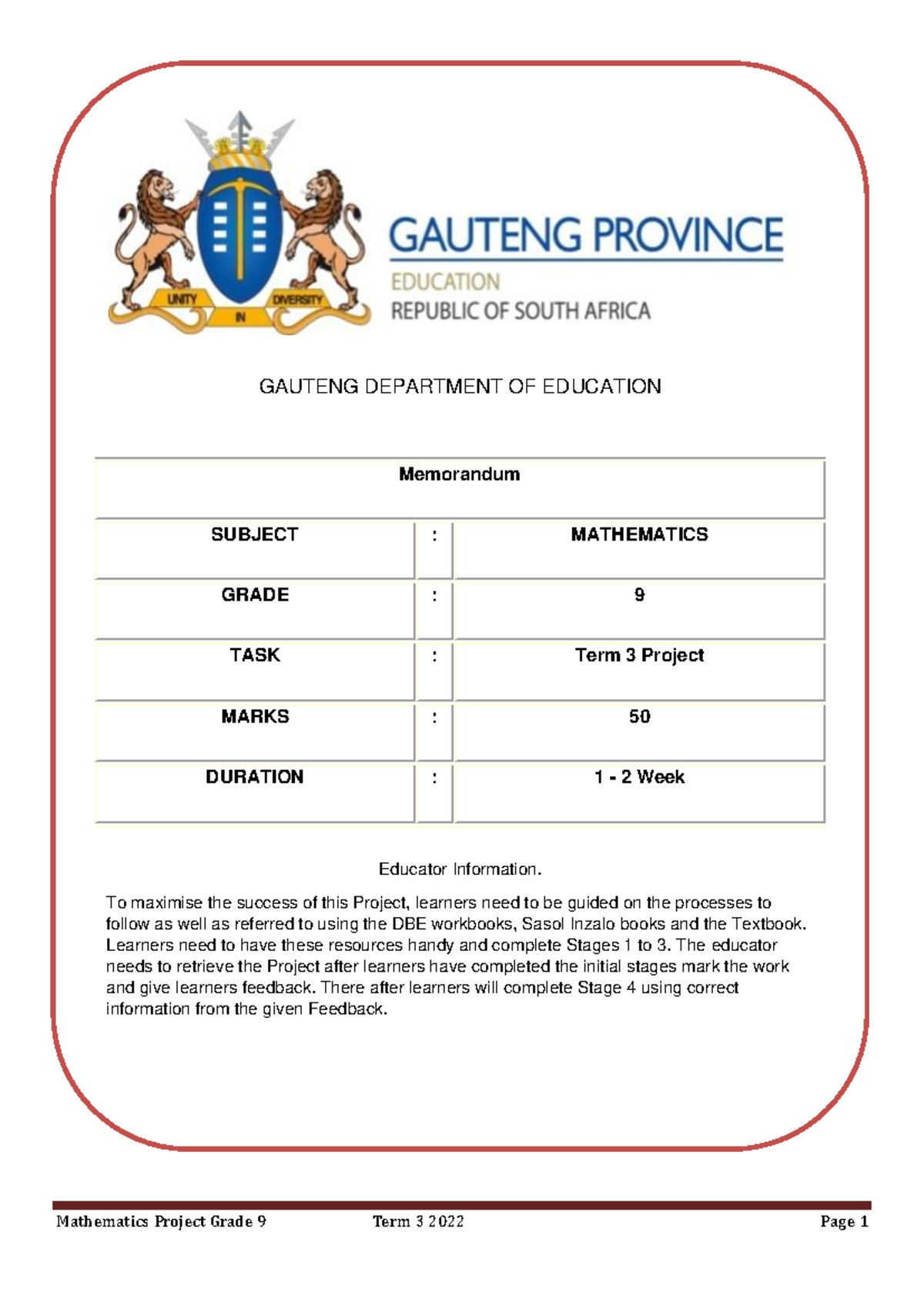Mathematics Project Grade 9 Term 3 Exemplar Memorandum - Studocu
