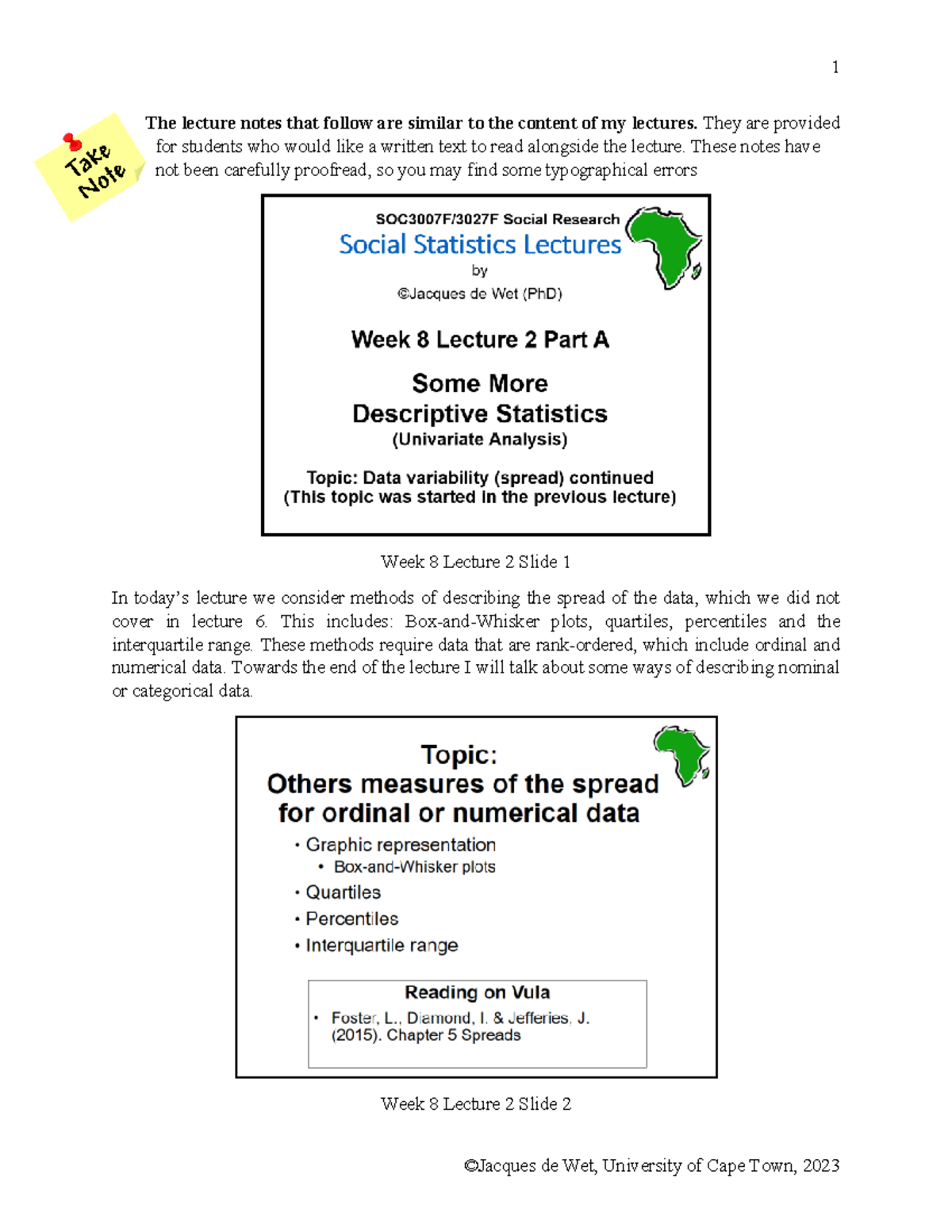 Social Stats 101: Week 8 Lecture 2 Notes on Data Spread - Studocu