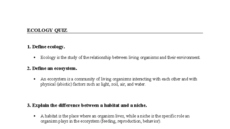 ECOLOGY QUIZ 1: Key Concepts and Definitions - Studocu