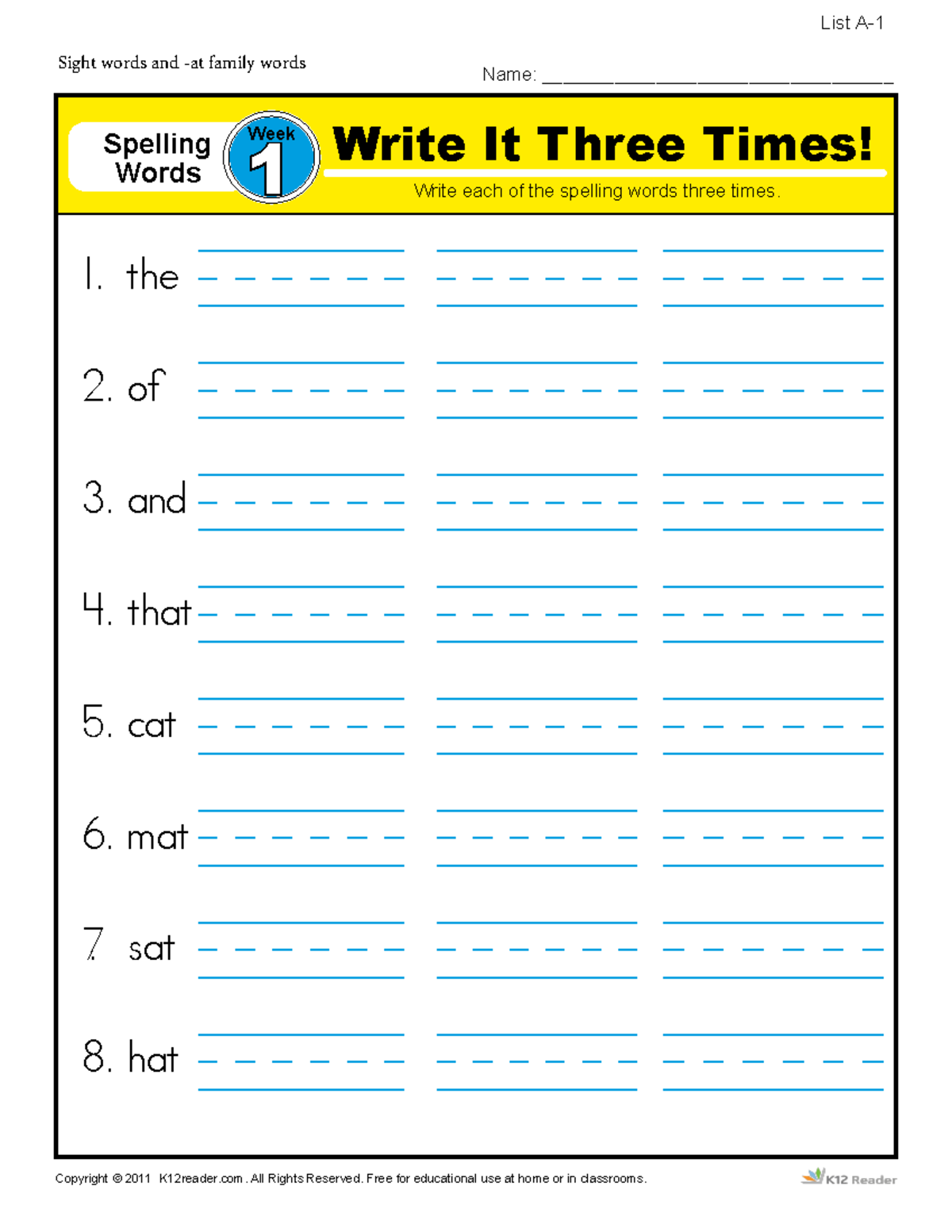 1st grade spelling words week 1 - Name ...