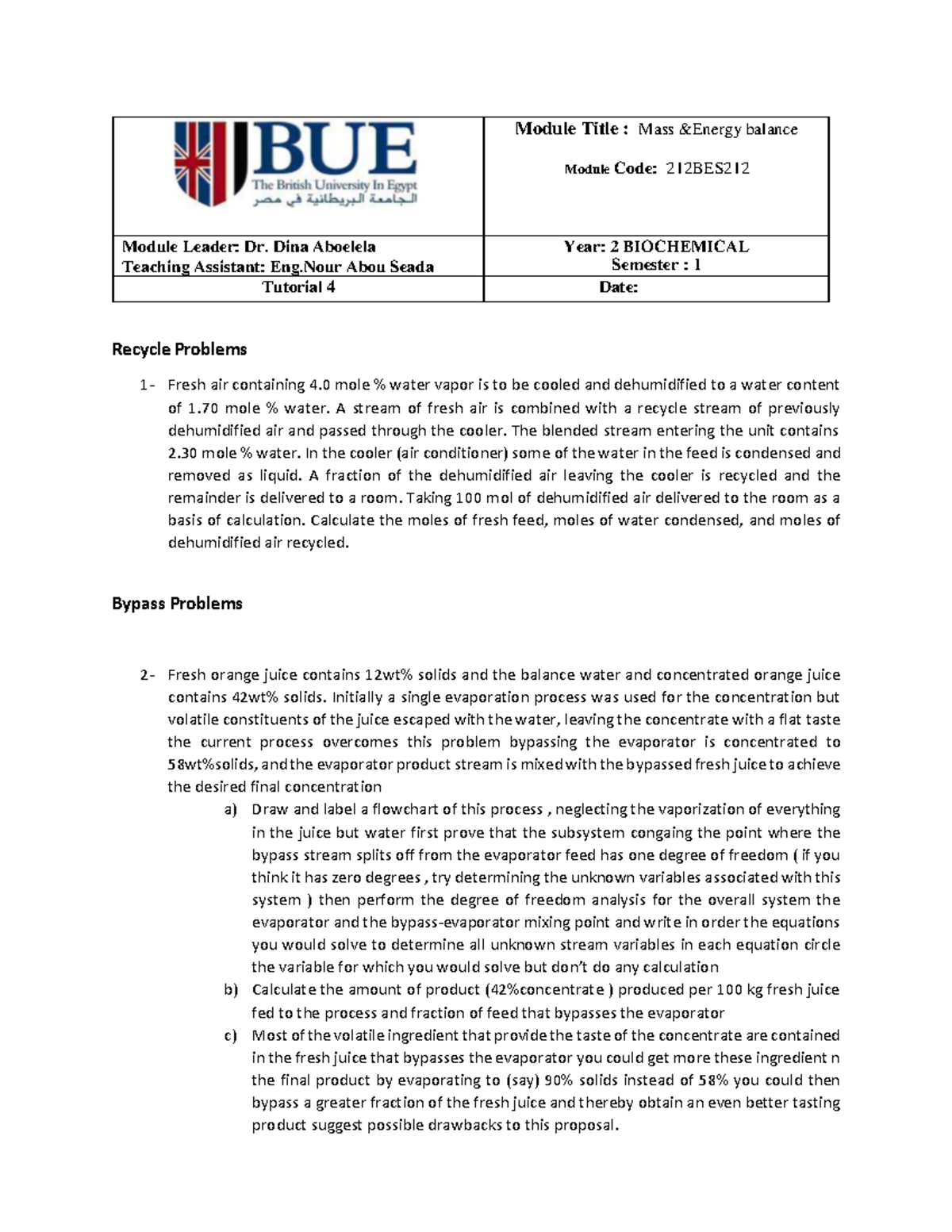 Tutorial 4: Mass Balance in Biochemical Engineering (212BES212) - Studocu