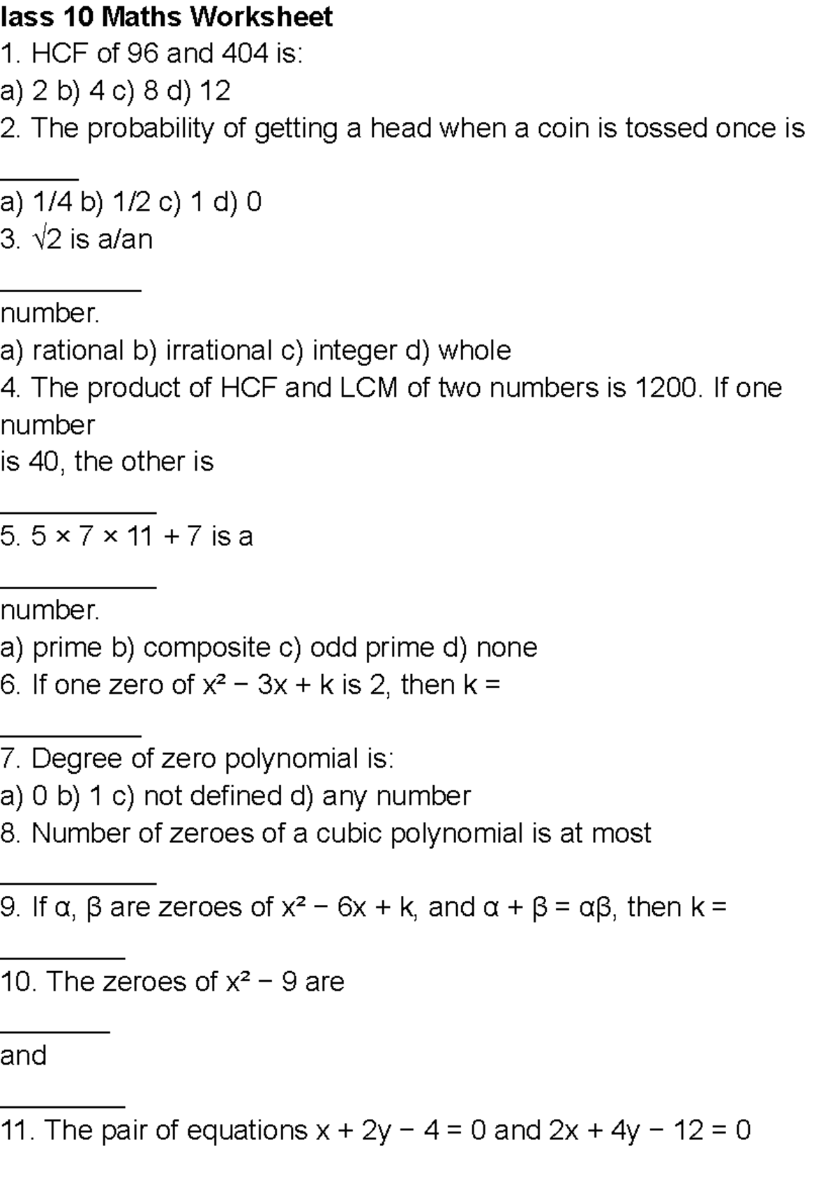 Class 10 Maths Worksheet: HCF, Probability & Polynomials - Studocu