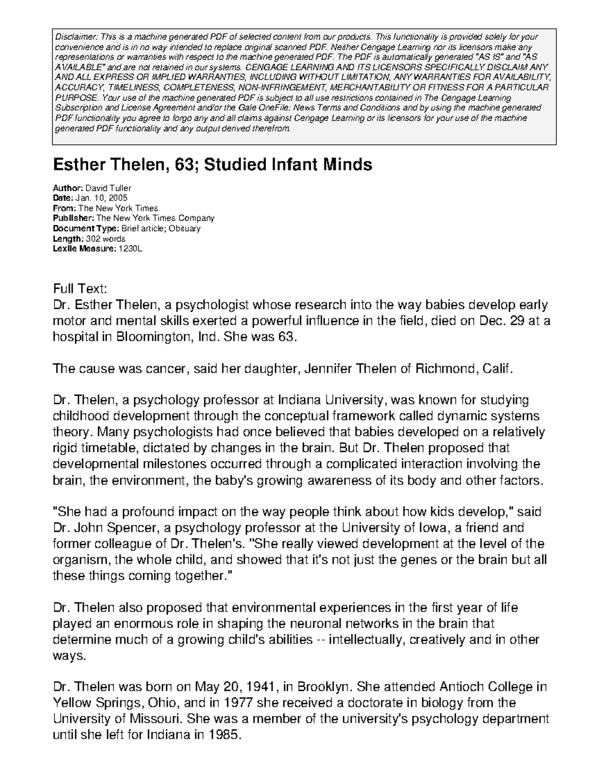 CENGAGE LEARNING: Brief Obituary of Dr. Esther Thelen (2005) - Studocu