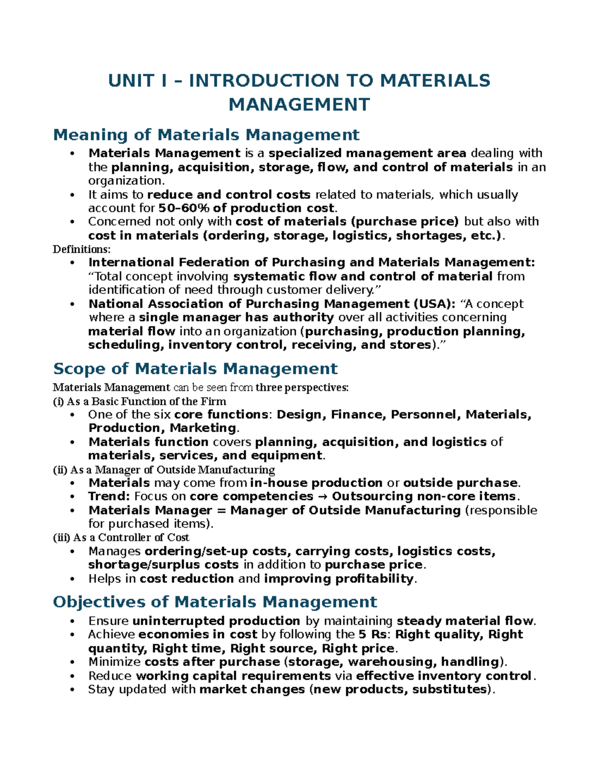 UNIT I: INTRODUCTION TO MATERIALS MANAGEMENT - Overview and Key ...