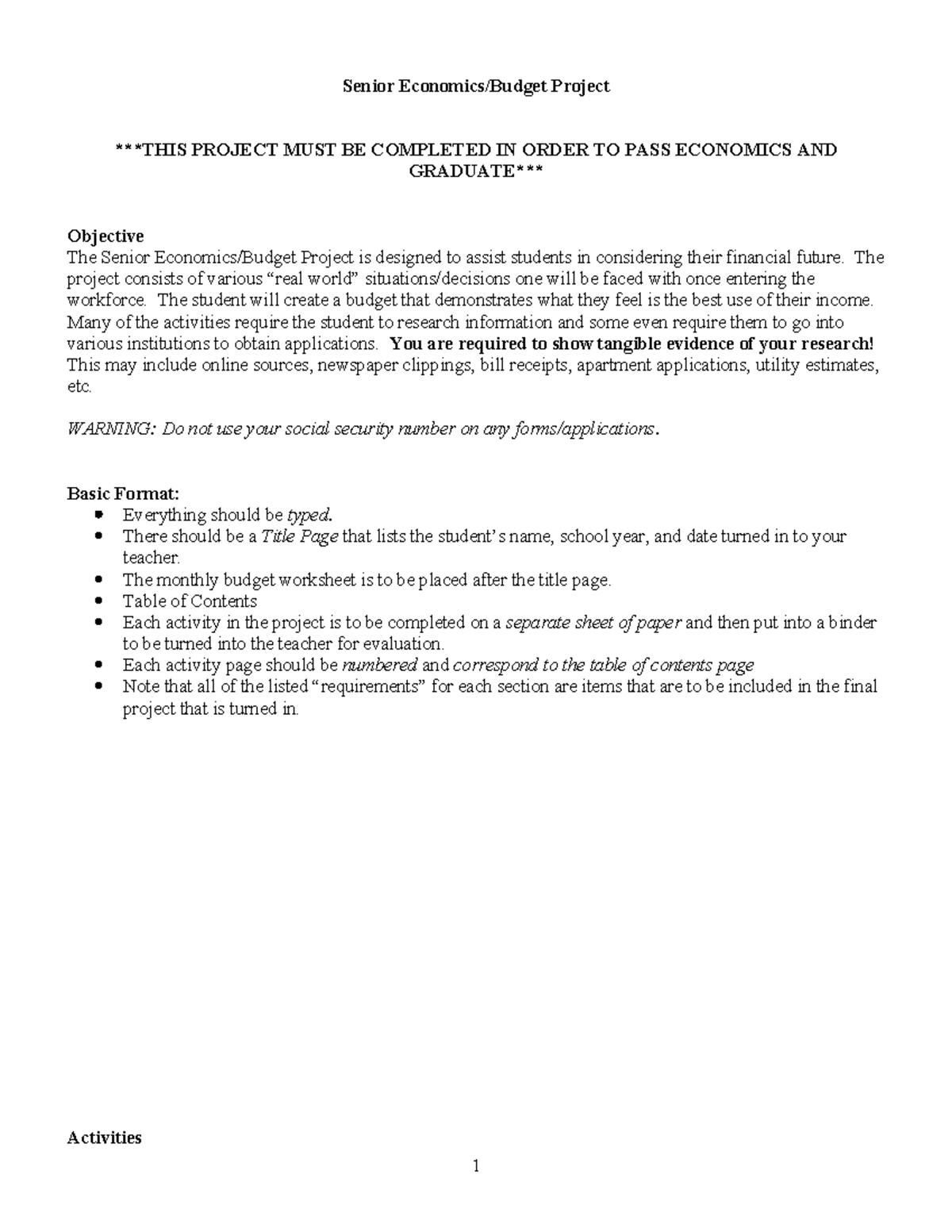 Senior Economics Project 2: A Comprehensive Budget Planning Guide - Studocu