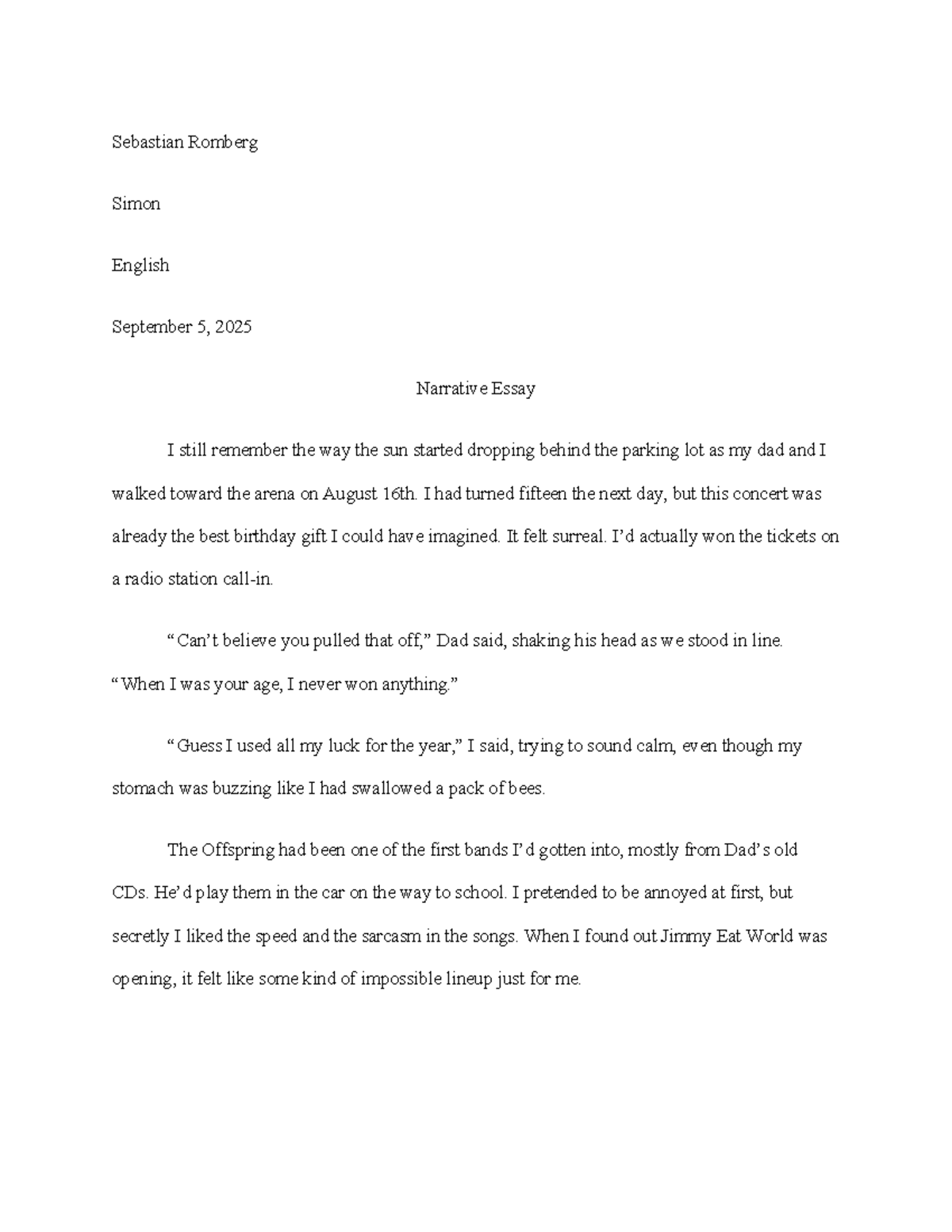 ENG 101: Narrative Essay on a Memorable Concert Experience - Studocu