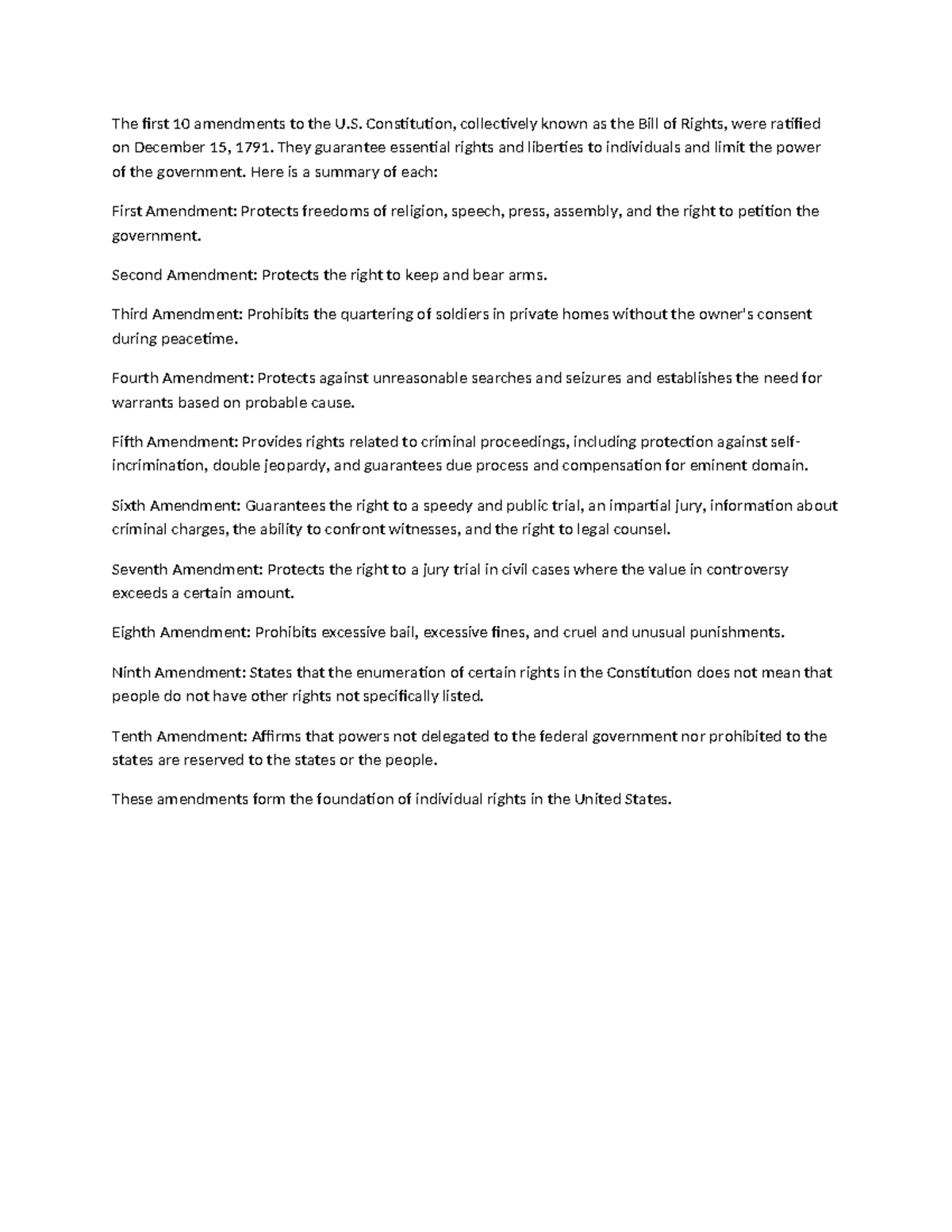 U.S. Constitution Amendments: Summary of the Bill of Rights - Studocu