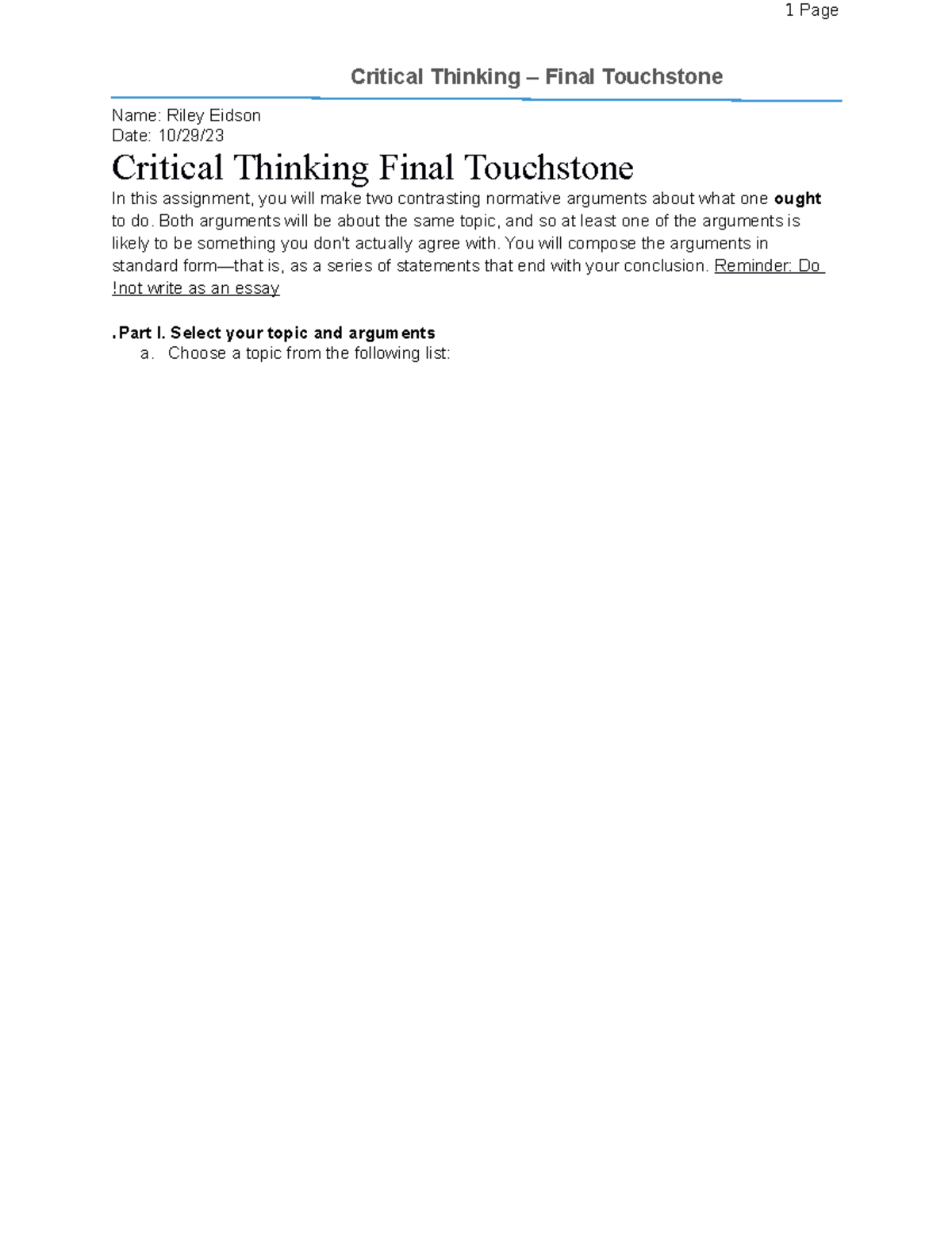 Critical Thinking Touchstone 4 - 1 Page Name: Riley Eidson Date: 10/29 ...