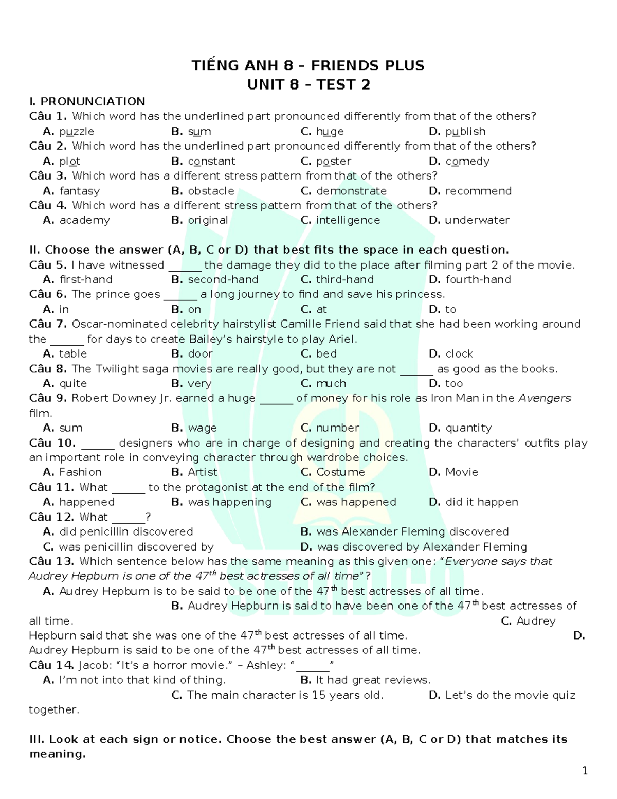 Tiếng Anh 8 - Friends Plus: Unit 8 Test 2 Examination Questions - Studocu