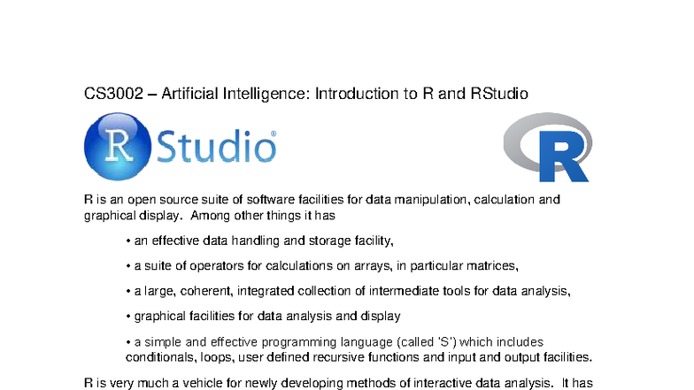 CS3002 R Intro Lab: Exploring Data Analysis with R and RStudio - Studocu